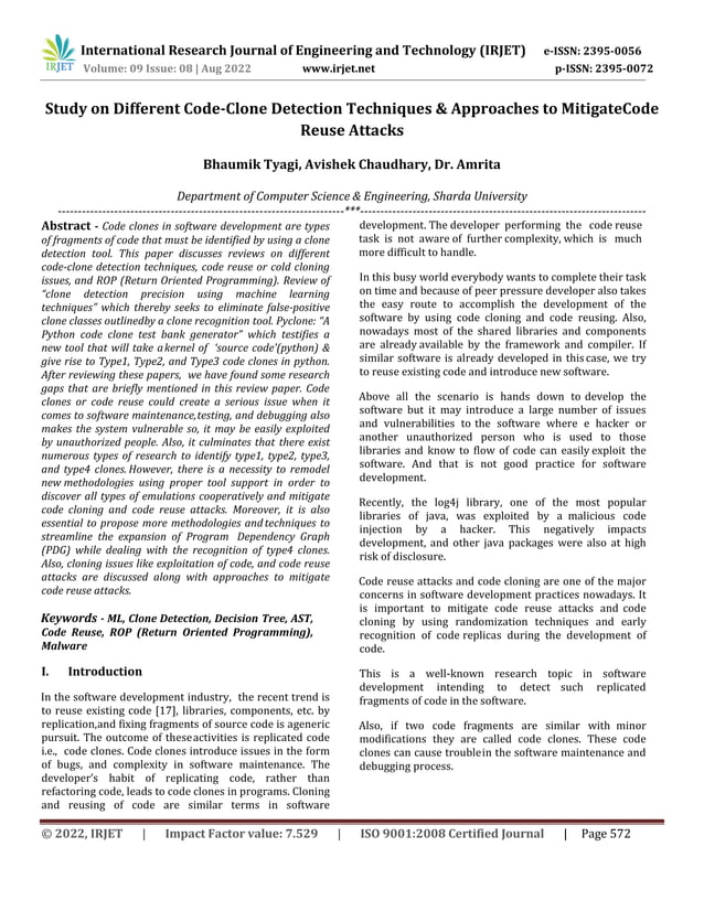 Study on Different Code-Clone Detection Techniques & Approaches to MitigateCode Reuse Attacks | PDF