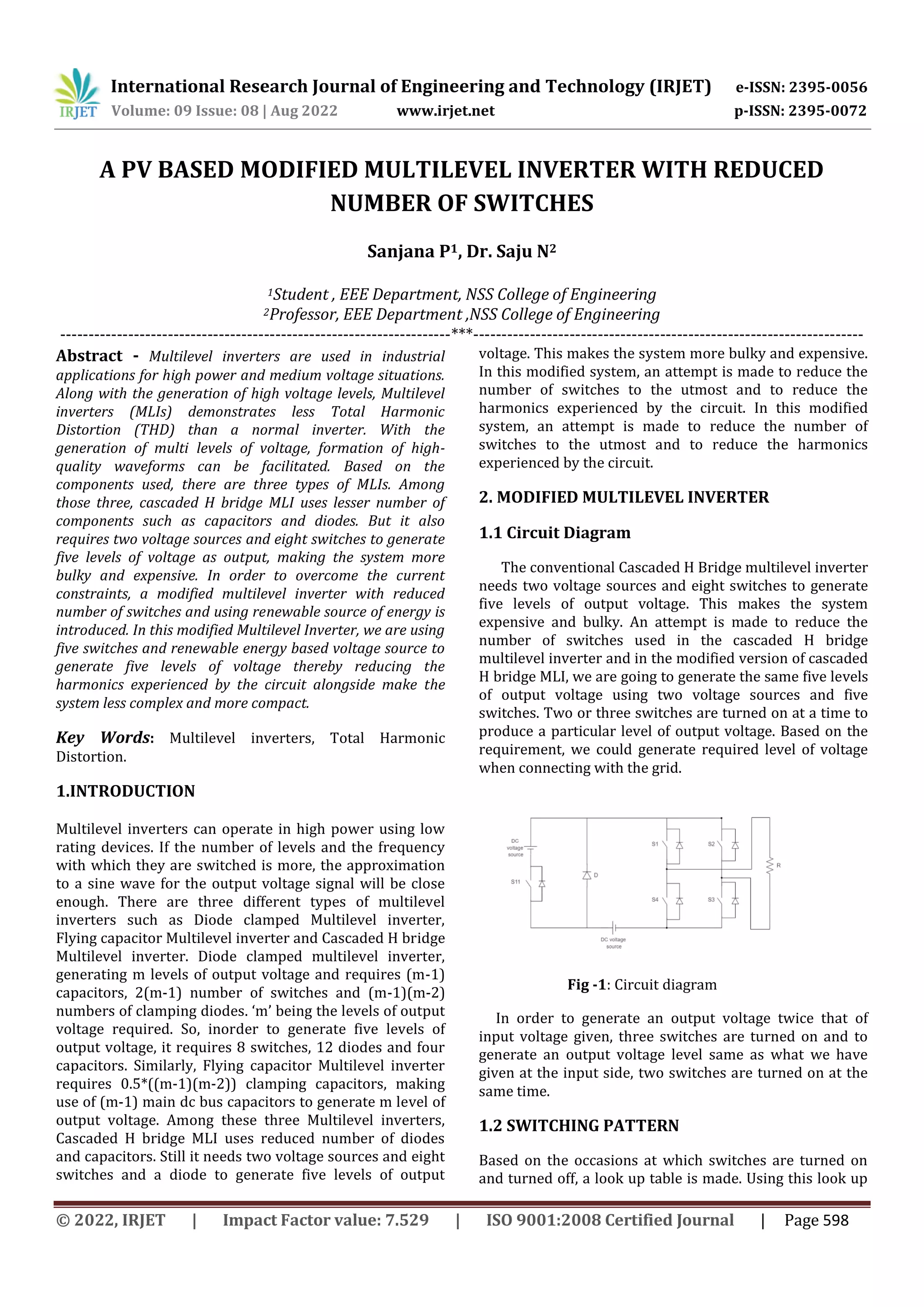A PV BASED MODIFIED MULTILEVEL INVERTER WITH REDUCED NUMBER OF SWITCHES | PDF