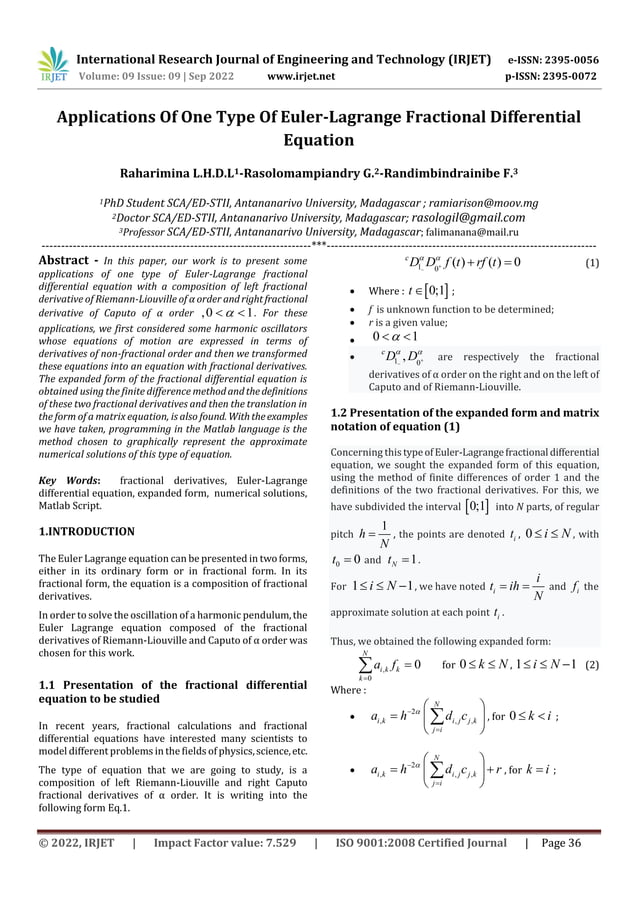 Applications Of One Type Of Euler Lagrange Fractional Differential