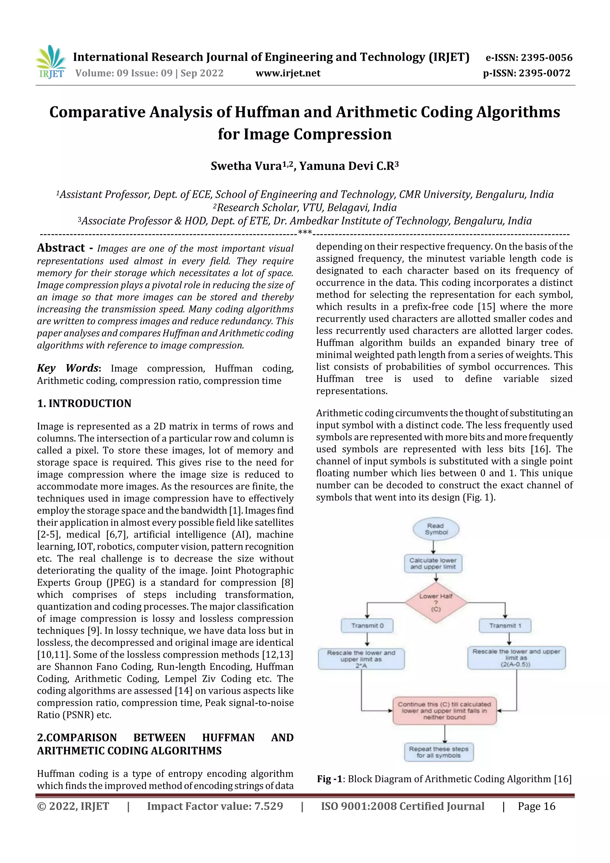 Comparative Analysis of Huffman and Arithmetic Coding Algorithms for Image Compression | PDF