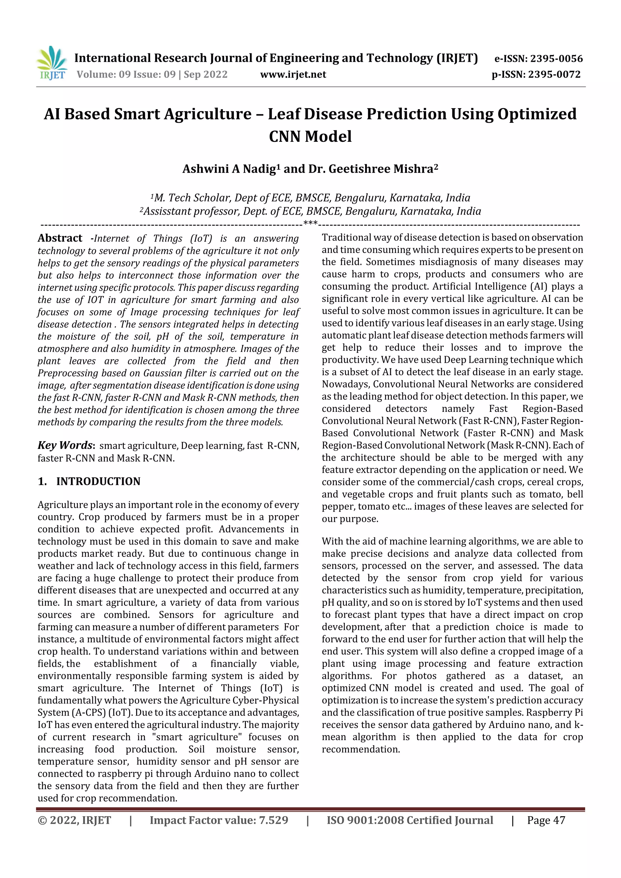 AI Based Smart Agriculture – Leaf Disease Prediction Using Optimized ...