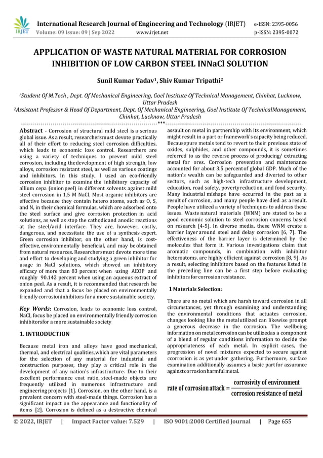 APPLICATION OF WASTE NATURAL MATERIAL FOR CORROSION INHIBITION OF LOW CARBON STEEL INNaCl ...