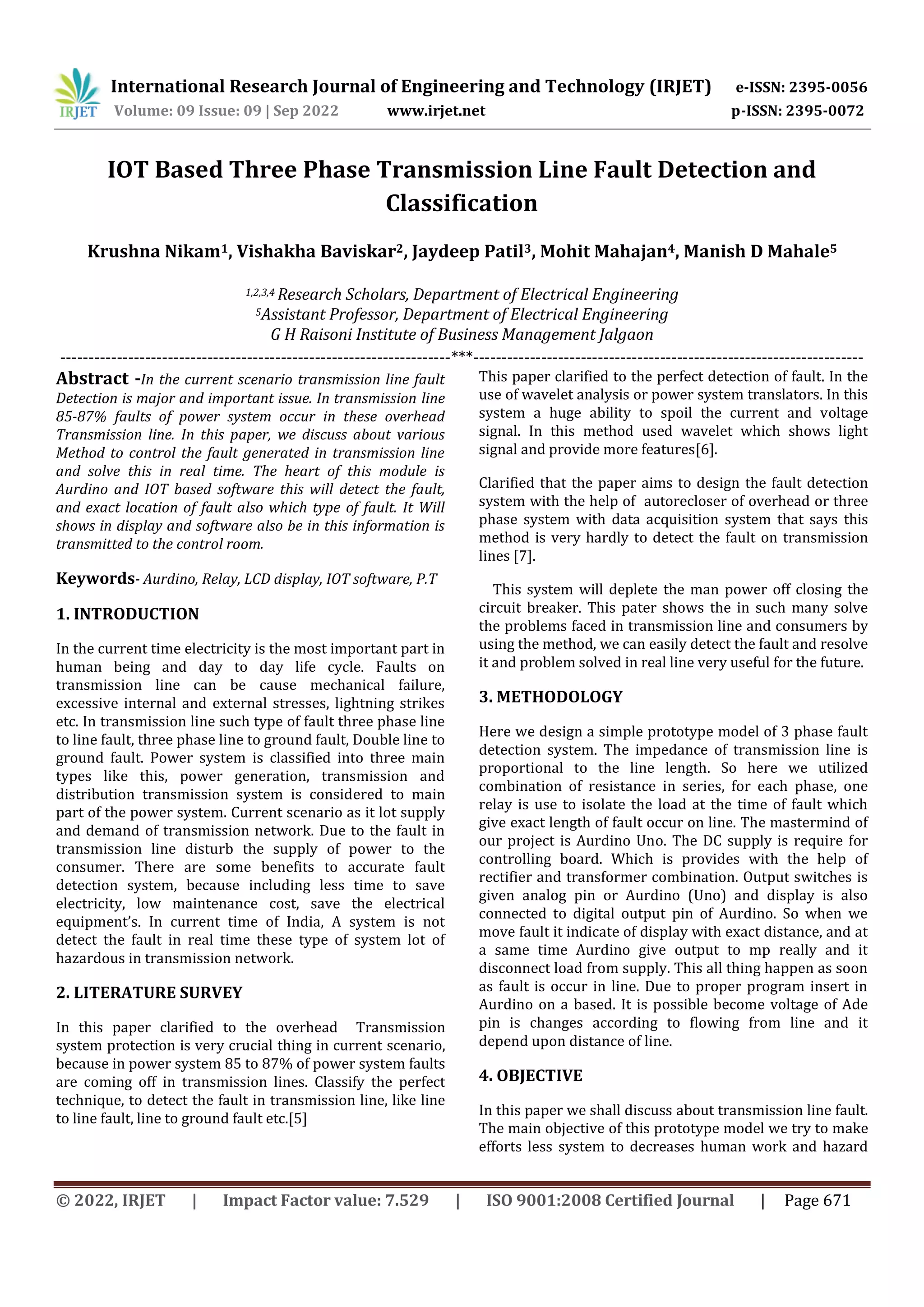 IOT Based Three Phase Transmission Line Fault Detection and Classification | PDF