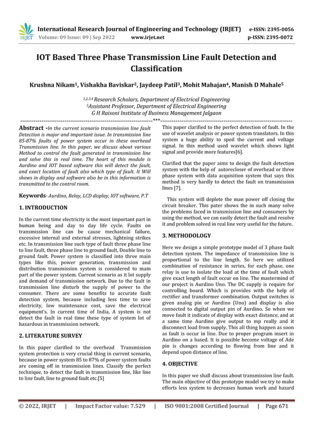 IOT Based Three Phase Transmission Line Fault Detection and Classification | PDF
