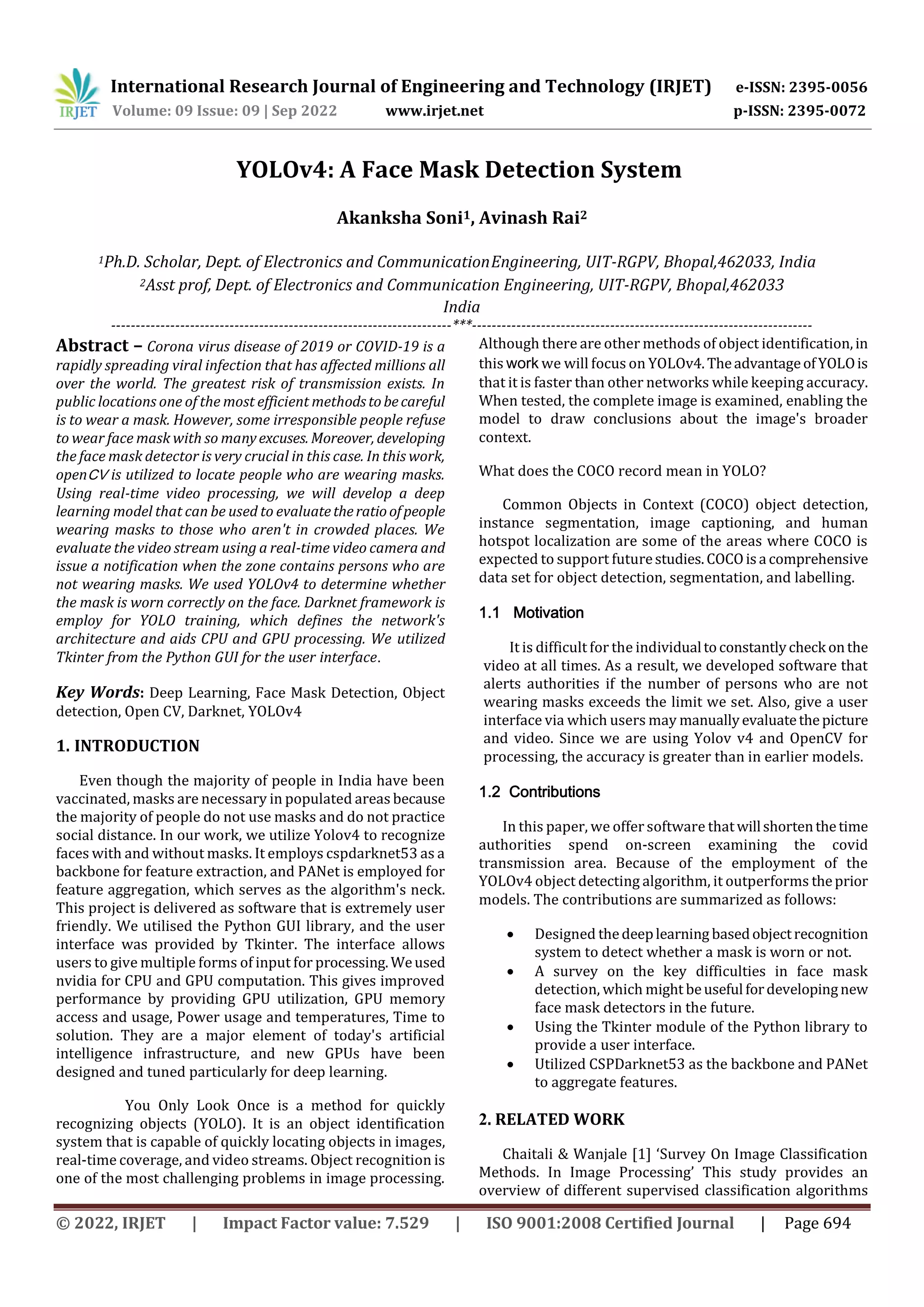 YOLOv4: A Face Mask Detection System | PDF