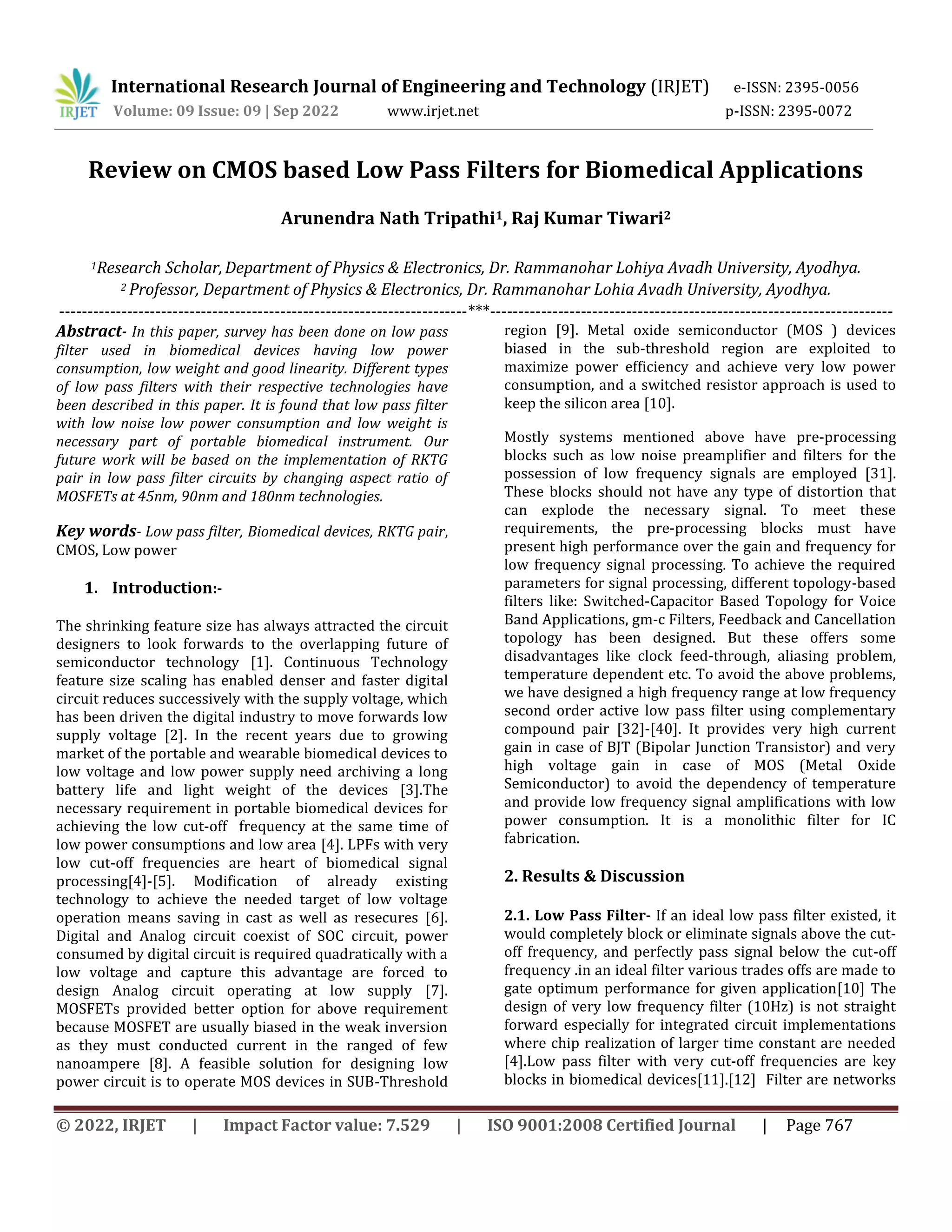 Review on CMOS based Low Pass Filters for Biomedical Applications | PDF