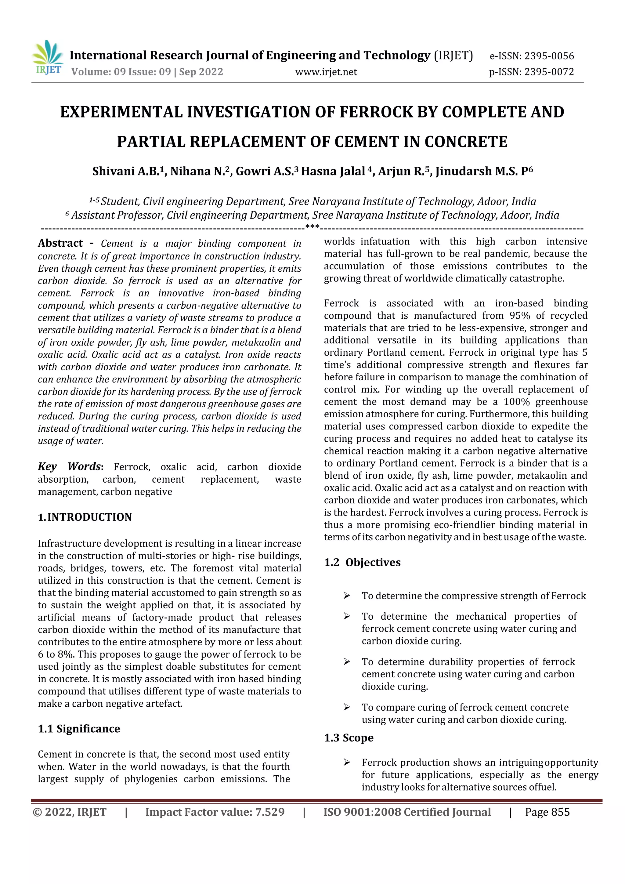 EXPERIMENTAL INVESTIGATION OF FERROCK BY COMPLETE AND PARTIAL ...