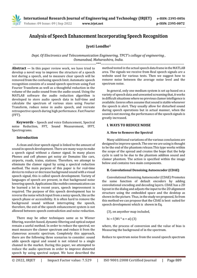 Analysis of Speech Enhancement Incorporating Speech Recognition | PDF
