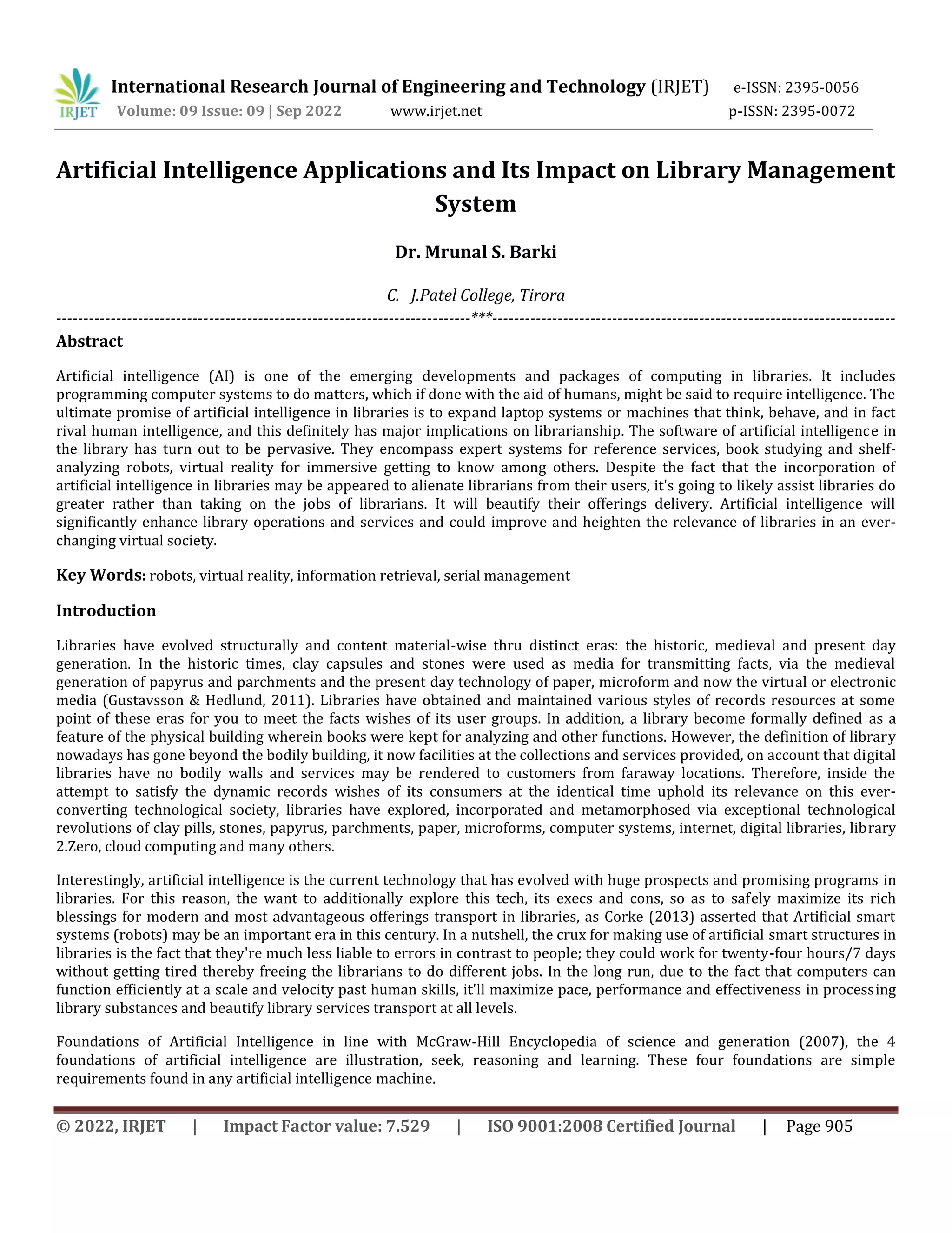 Artificial Intelligence Applications and Its Impact on Library Management System | PDF