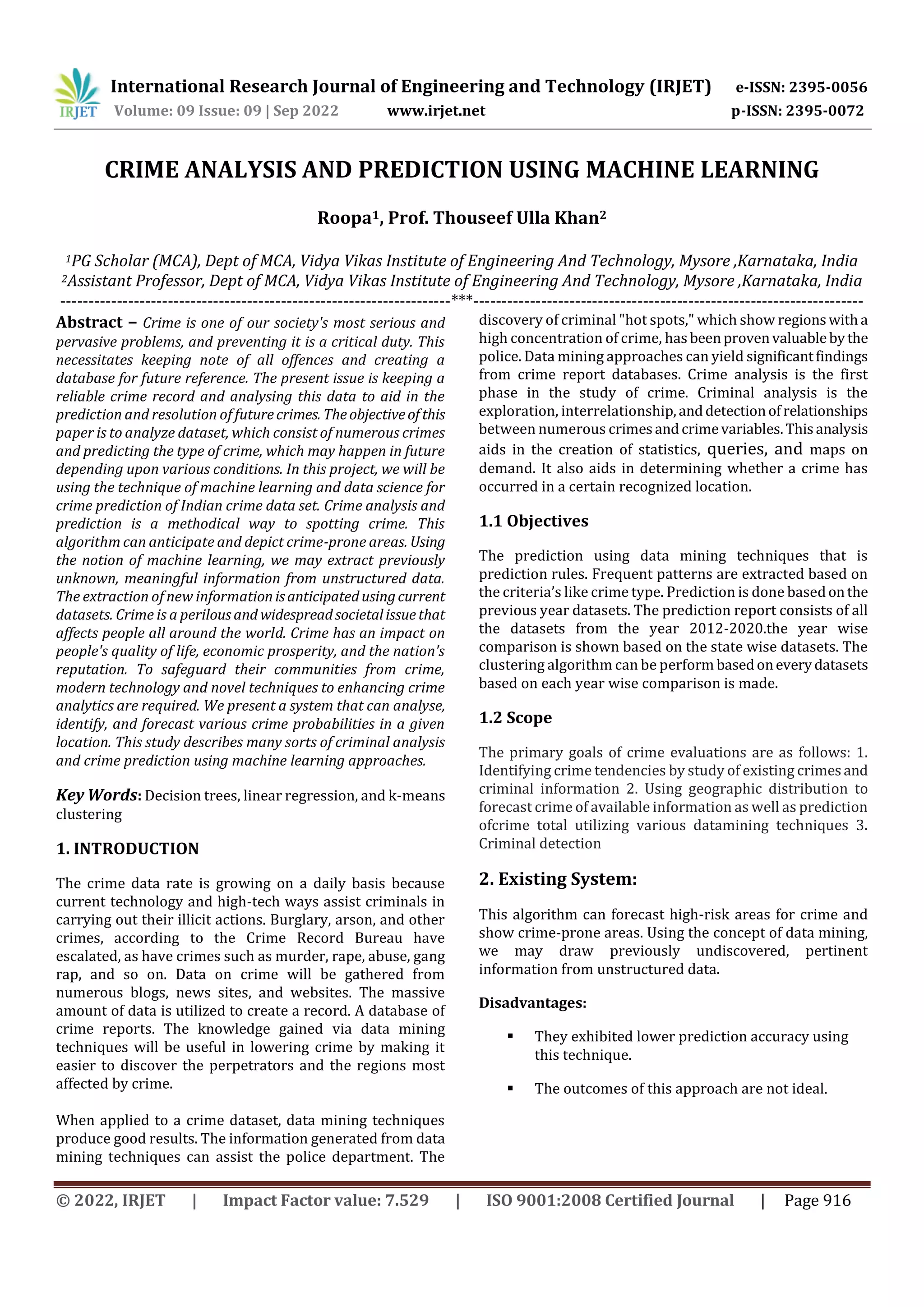 CRIME ANALYSIS AND PREDICTION USING MACHINE LEARNING | PDF