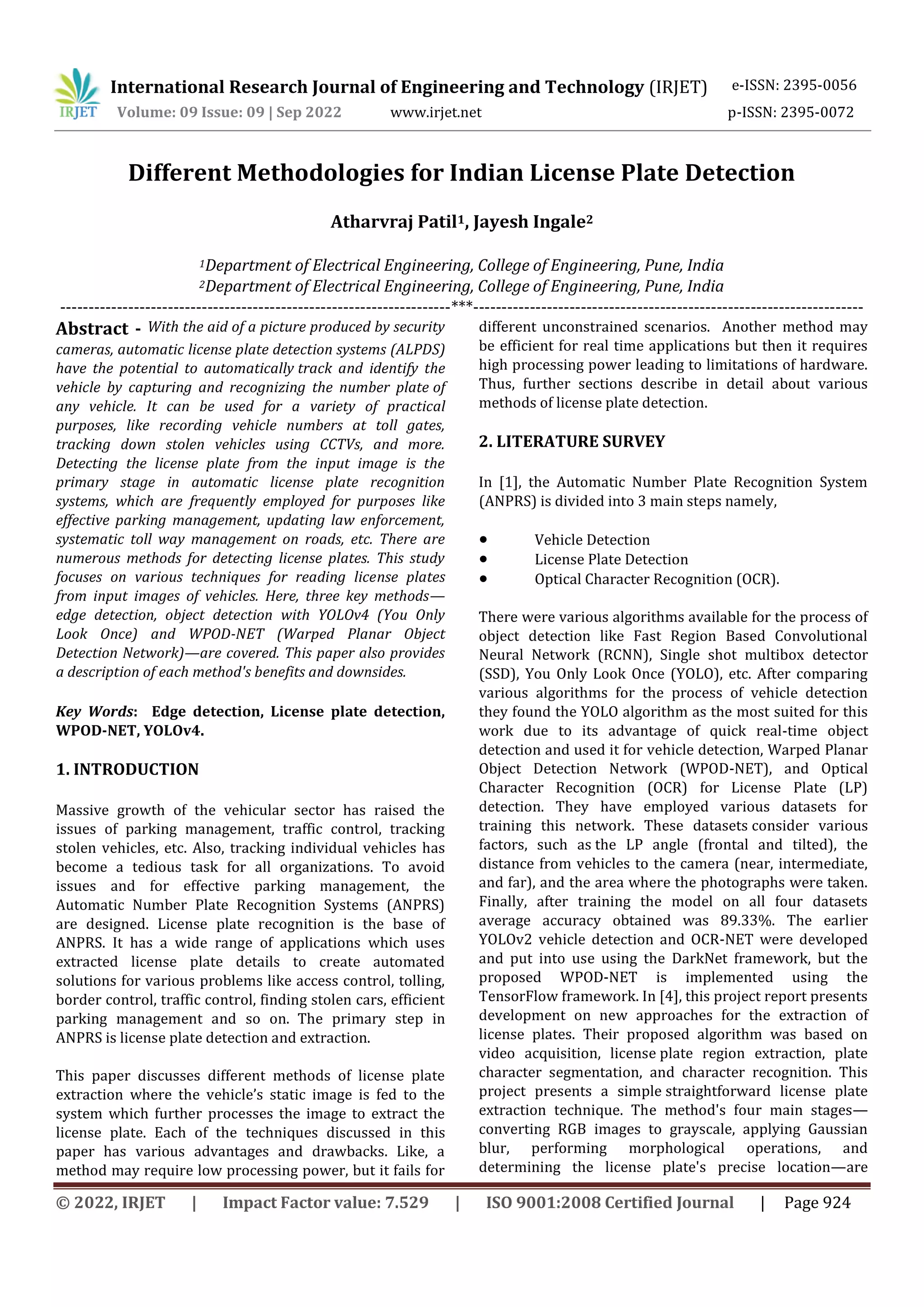Different Methodologies for Indian License Plate Detection | PDF | Cameras and Camcorders ...