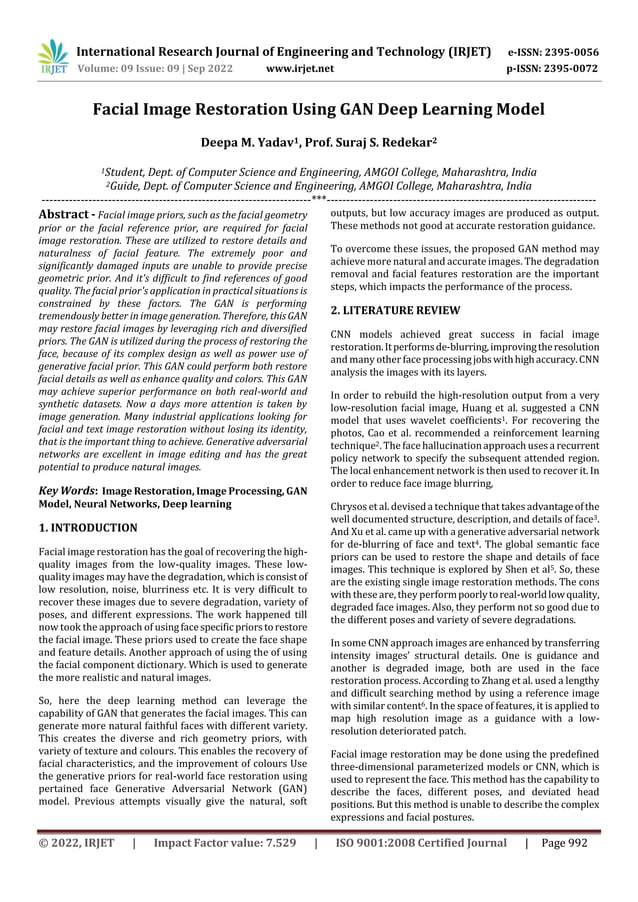 Facial Image Restoration Using GAN Deep Learning Model | PDF