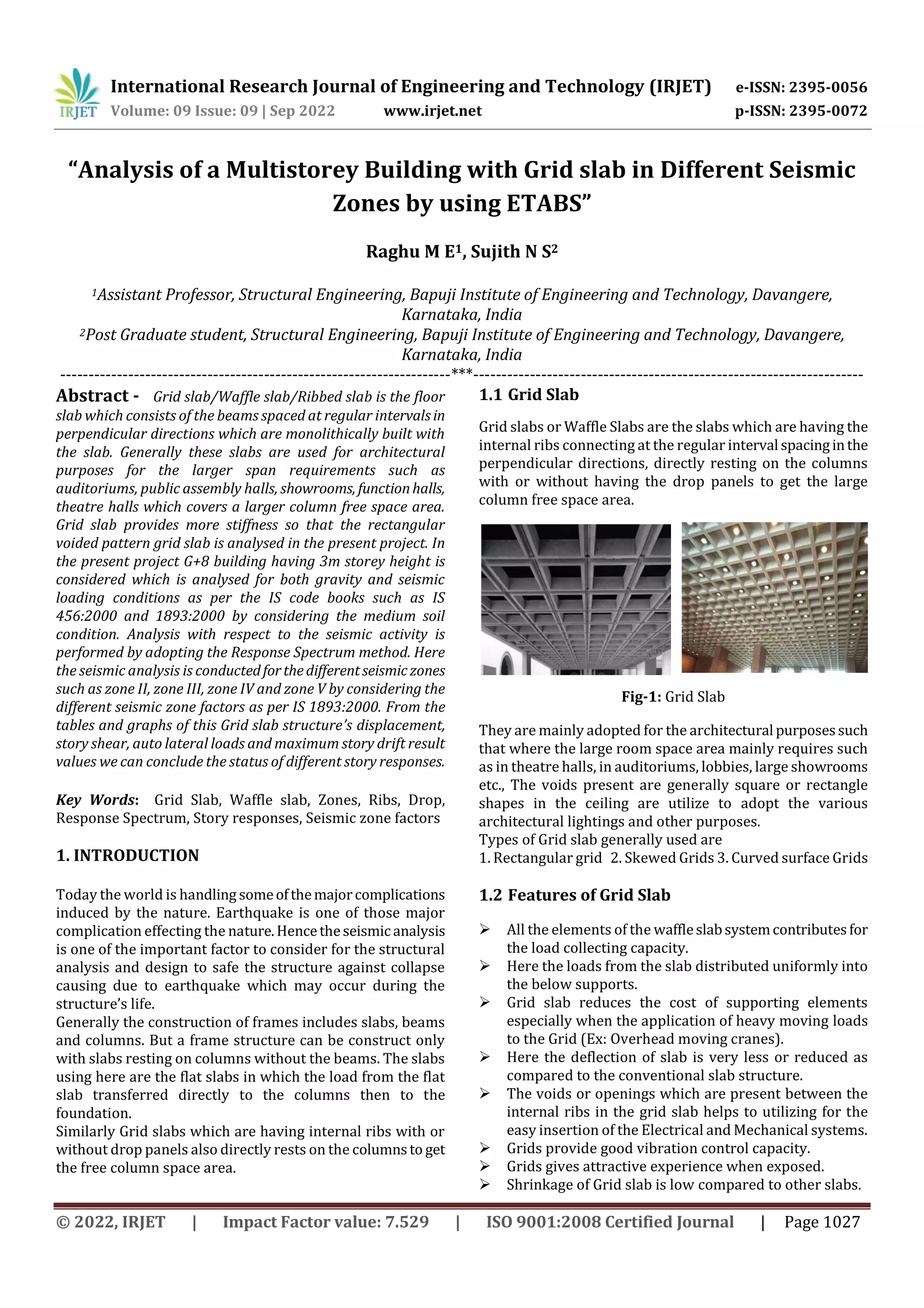 “Analysis of a Multistorey Building with Grid slab in Different Seismic ...