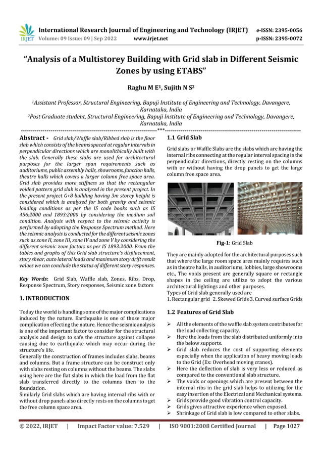 “Analysis of a Multistorey Building with Grid slab in Different Seismic ...