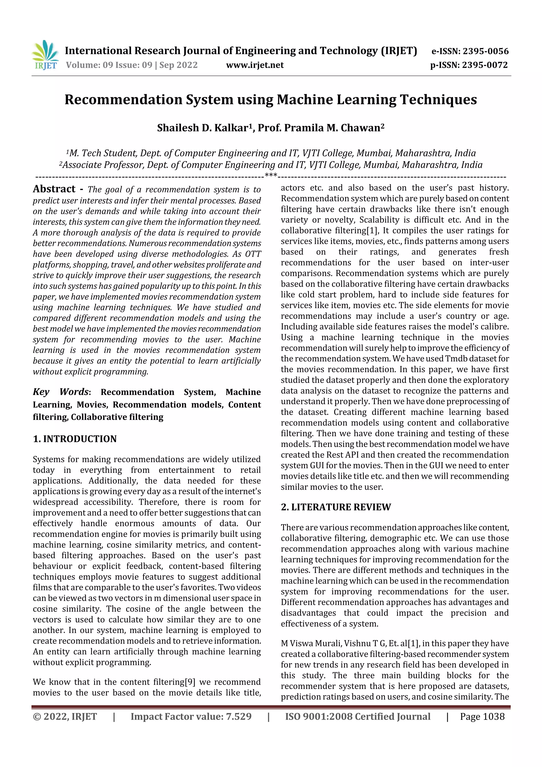 Recommendation System using Machine Learning Techniques | PDF