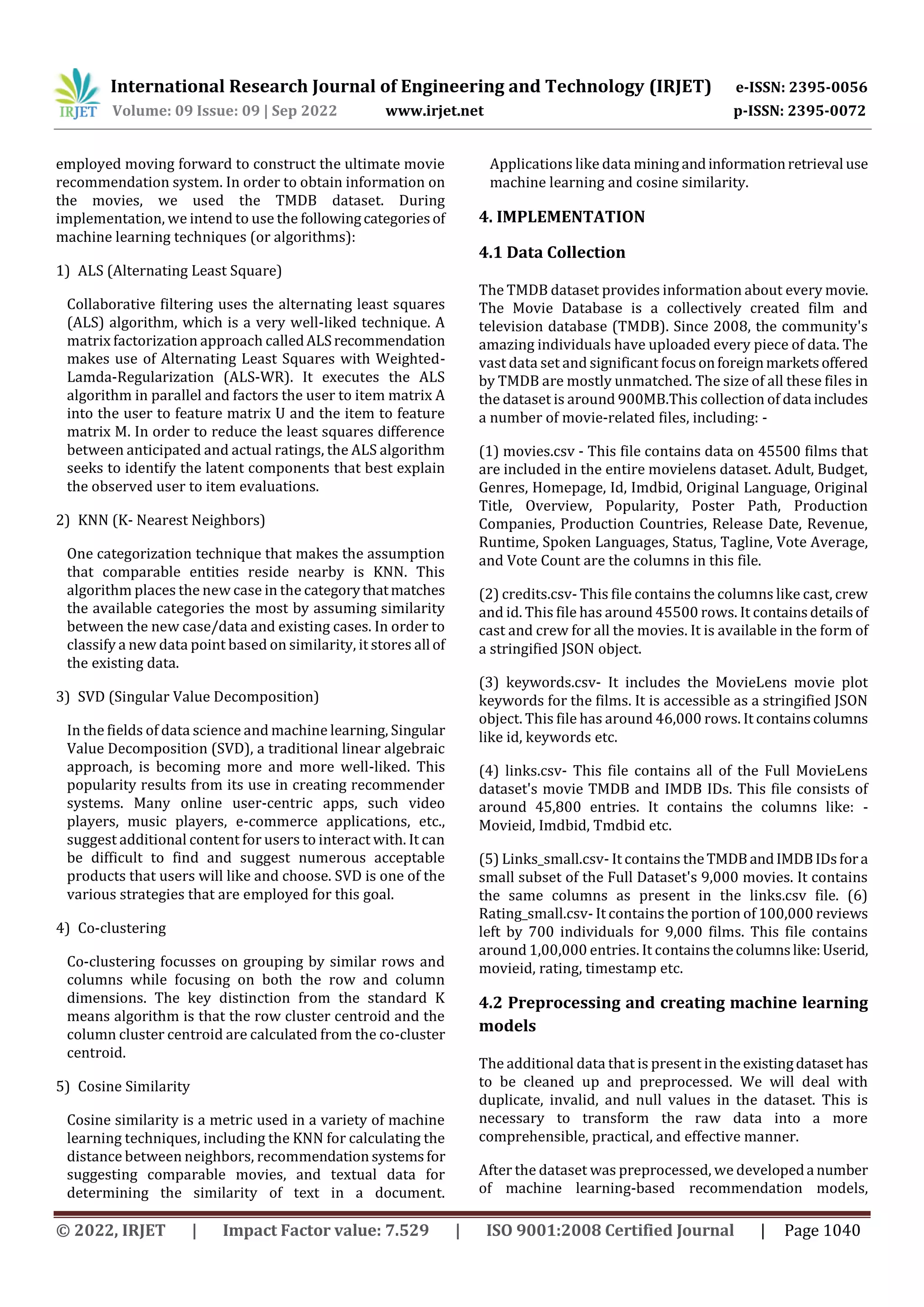 Recommendation System using Machine Learning Techniques | PDF