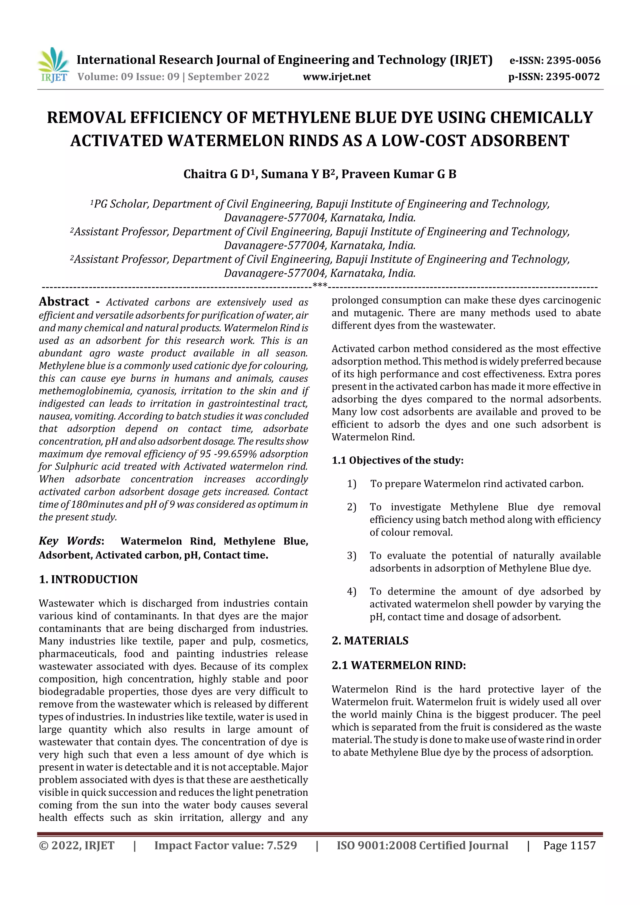 REMOVAL EFFICIENCY OF METHYLENE BLUE DYE USING CHEMICALLY ACTIVATED WATERMELON RINDS AS A LOW ...