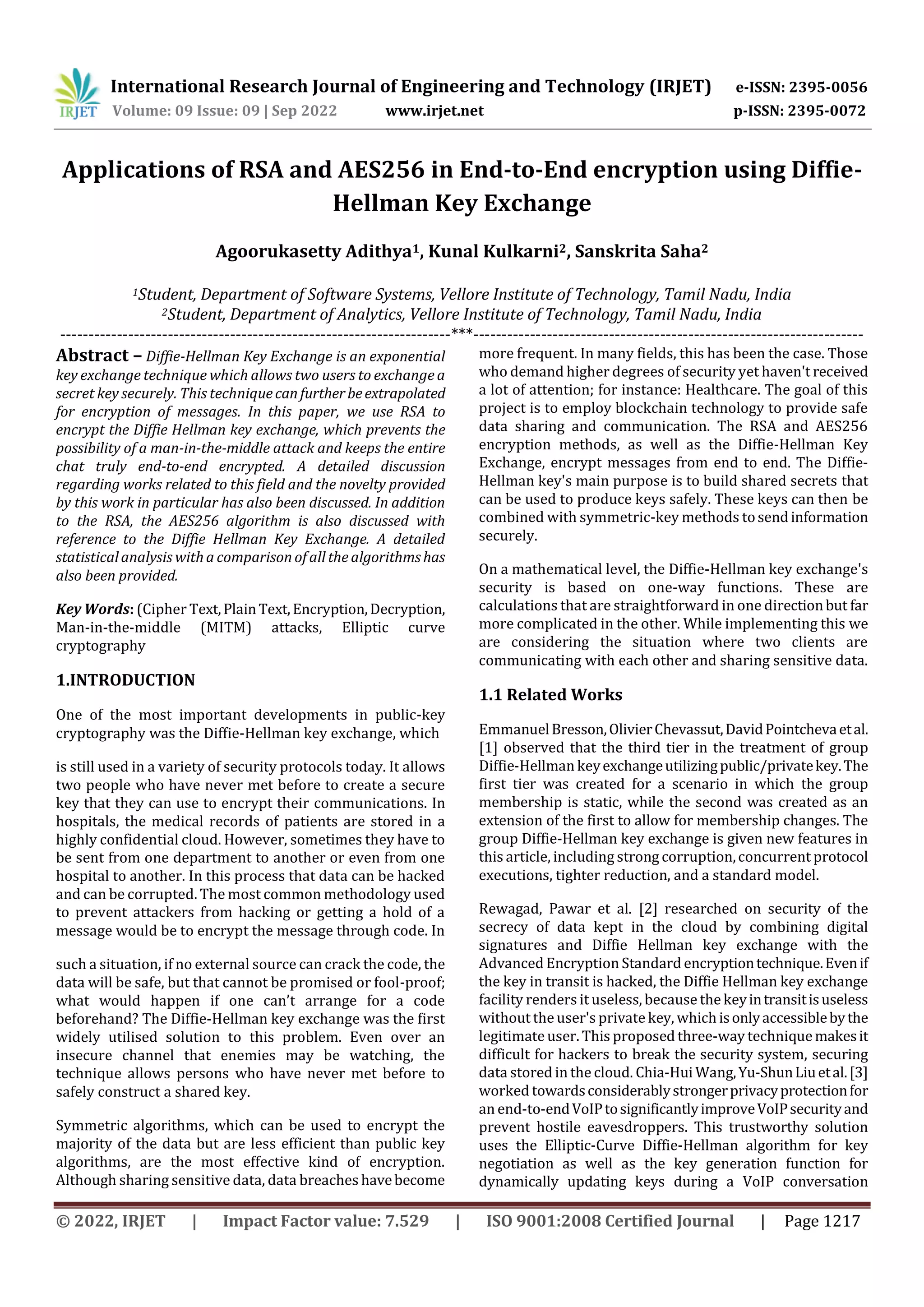 Applications Of Rsa And Aes256 In End To End Encryption Using Diffie