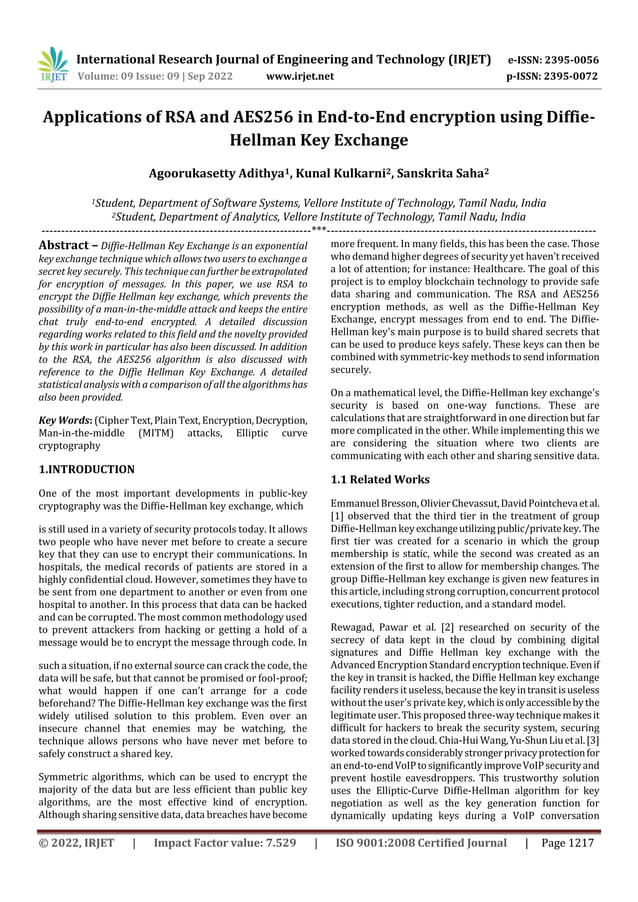 Applications of RSA and AES256 in End-to-End encryption using Diffie- Hellman Key Exchange | PDF