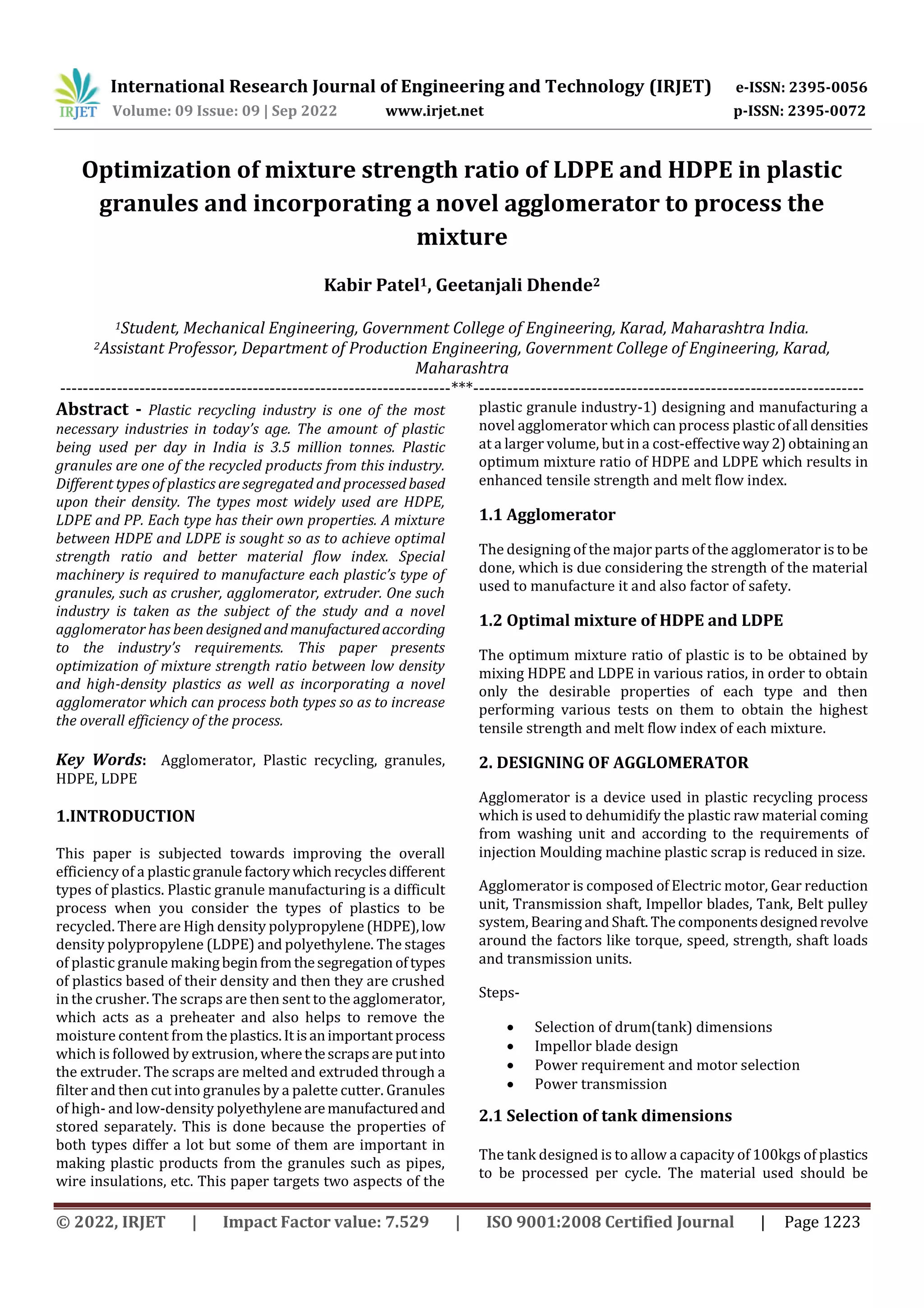 Optimization of mixture strength ratio of LDPE and HDPE in plastic ...