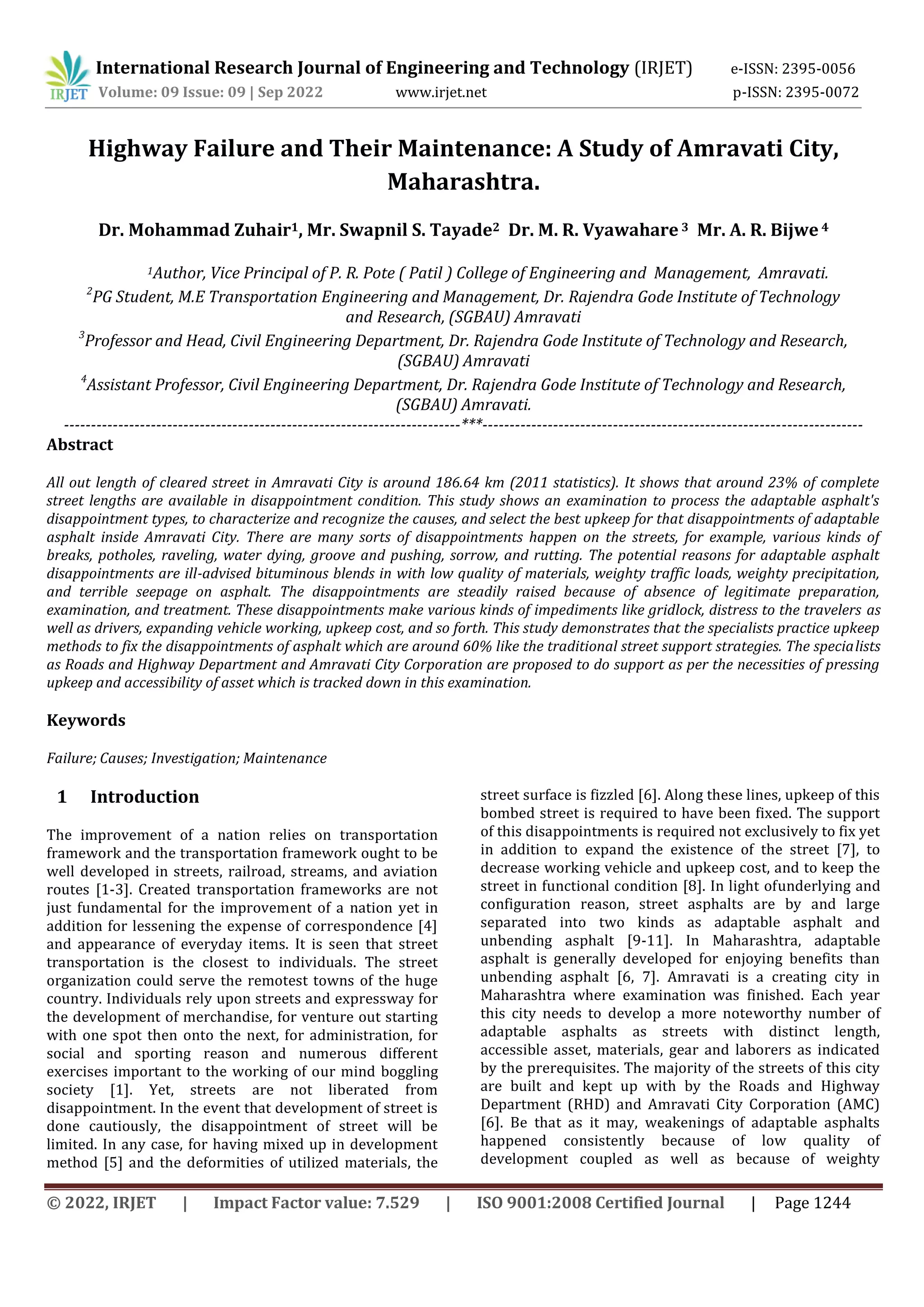Highway Failure and Their Maintenance: A Study of Amravati City ...