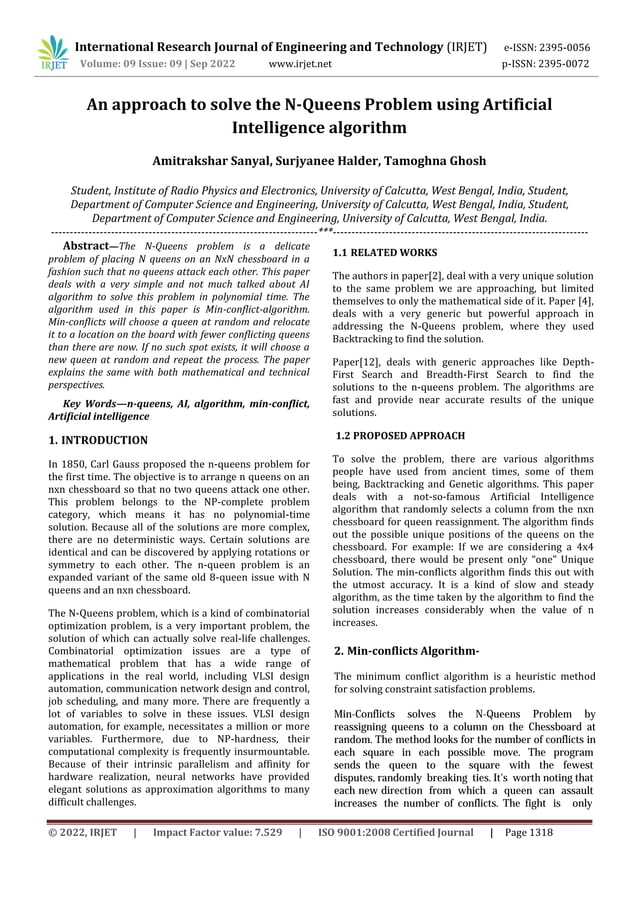 An Approach To Solve The N Queens Problem Using Artificial Intelligence Algorithm Pdf