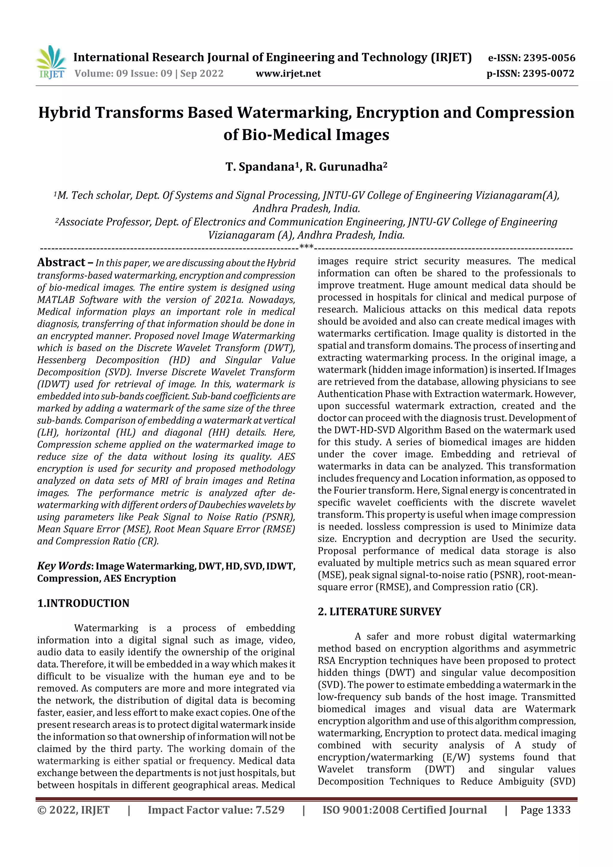 Hybrid Transforms Based Watermarking, Encryption and Compression of Bio-Medical Images | PDF
