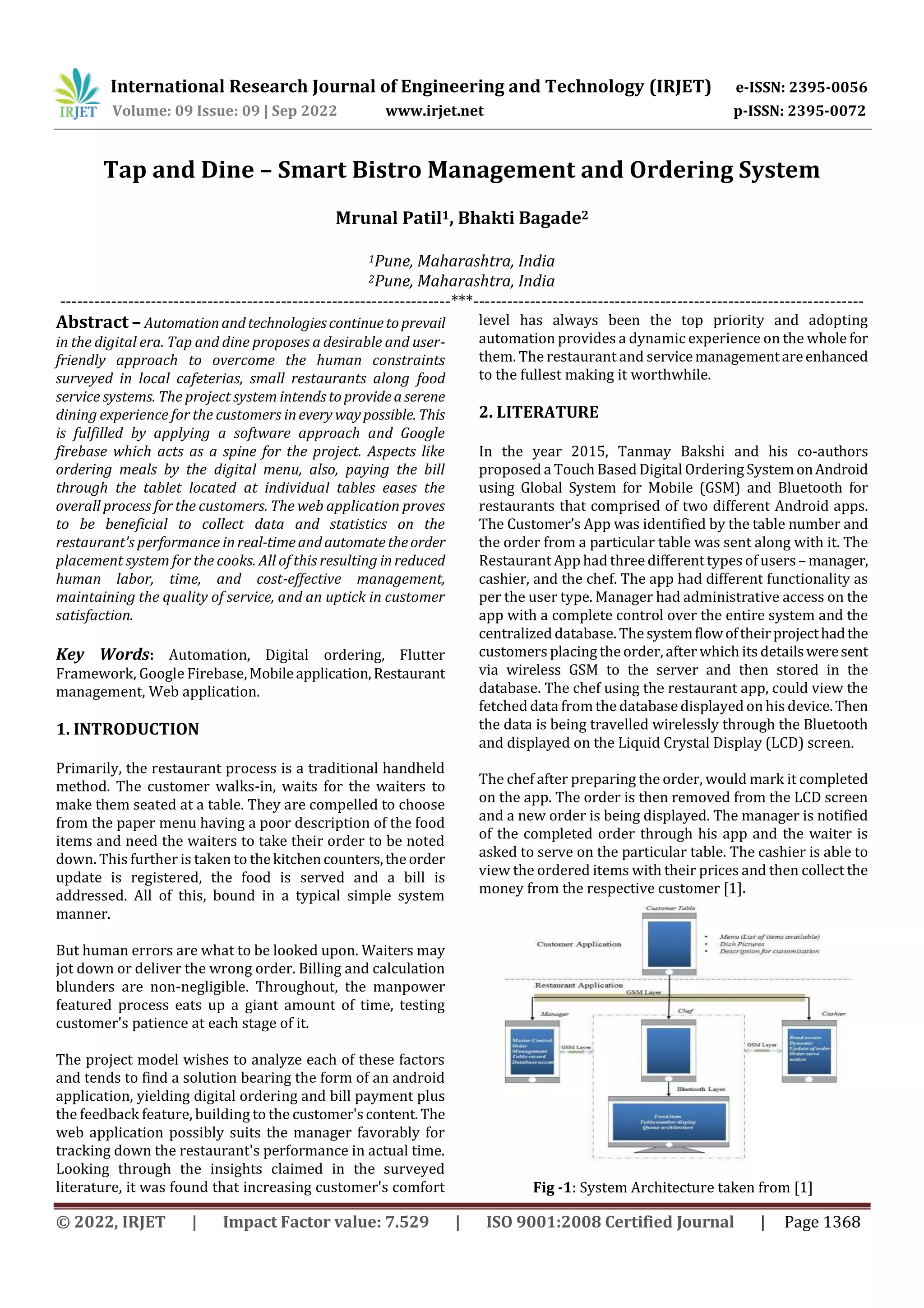 Tap and Dine – Smart Bistro Management and Ordering System | PDF