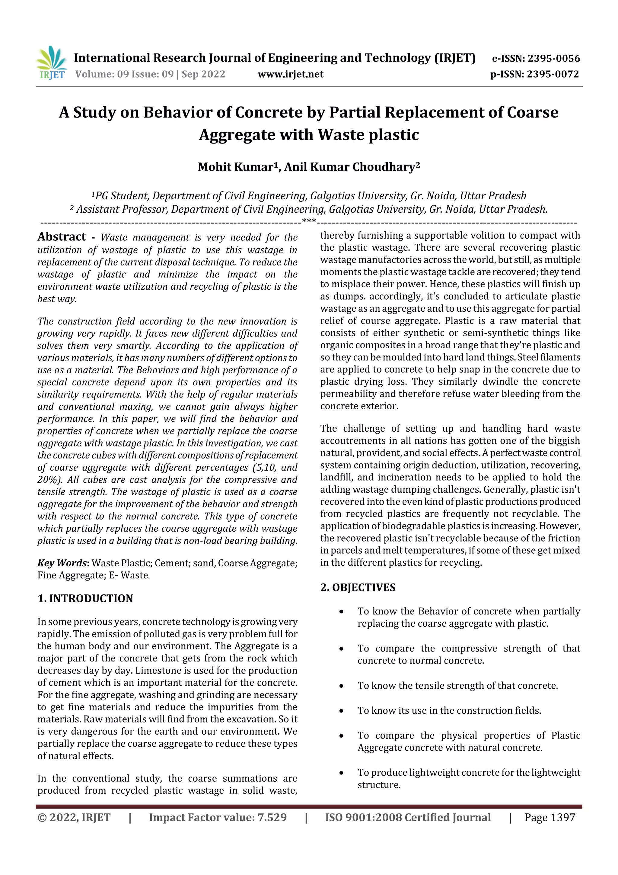 A Study on Behavior of Concrete by Partial Replacement of Coarse ...
