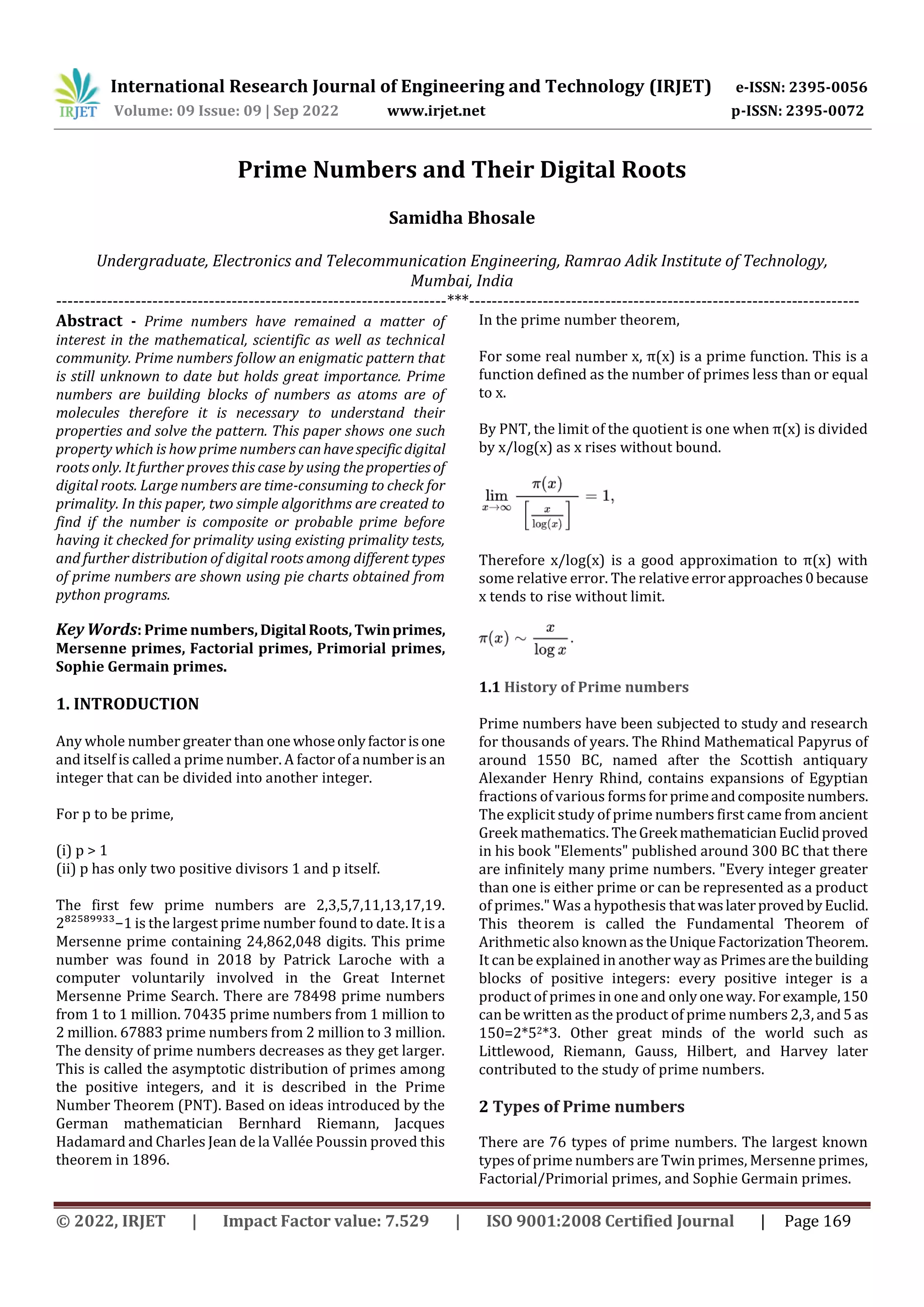 Prime Numbers and Their Digital Roots | PDF