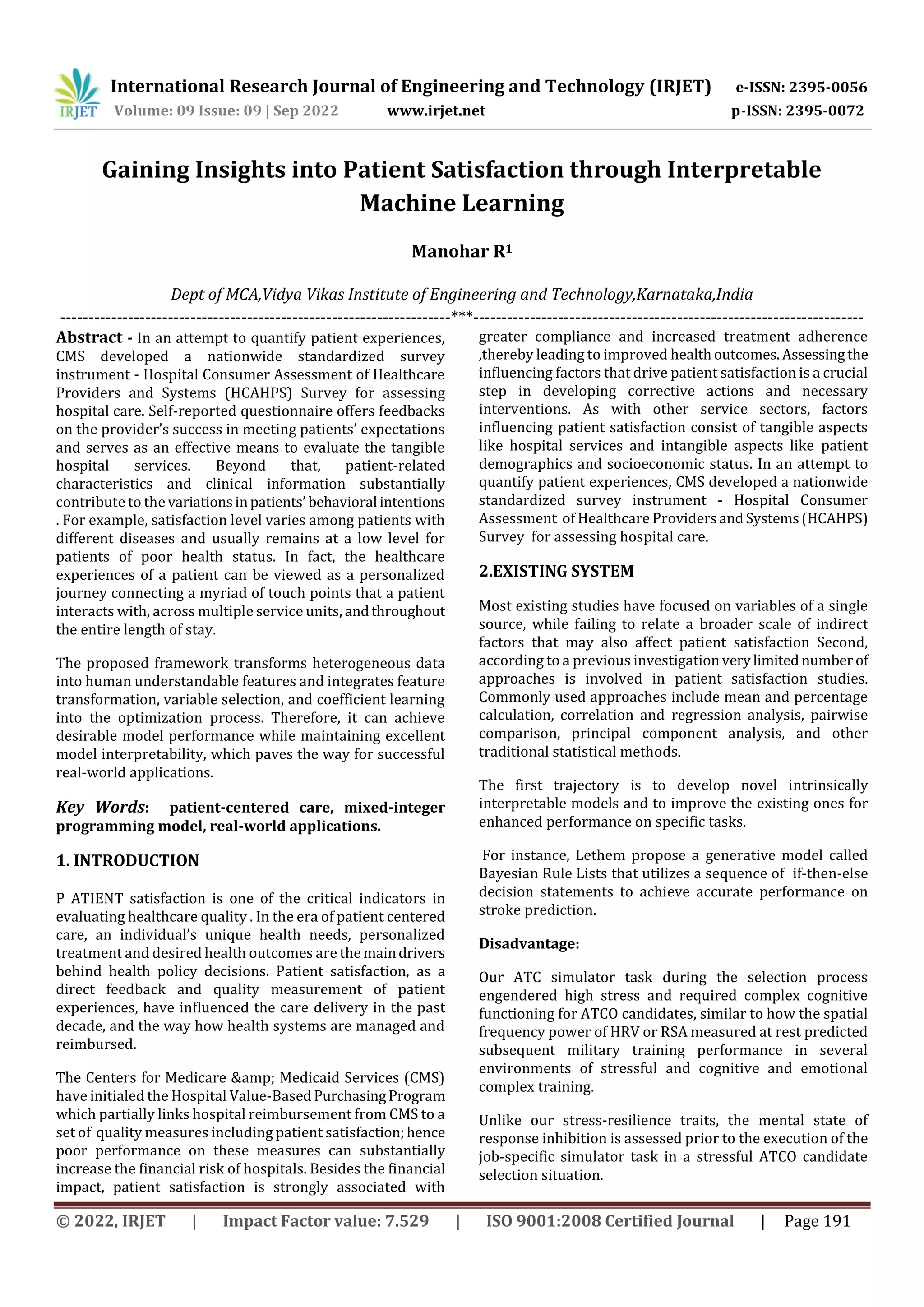 Gaining Insights into Patient Satisfaction through Interpretable Machine Learning | PDF