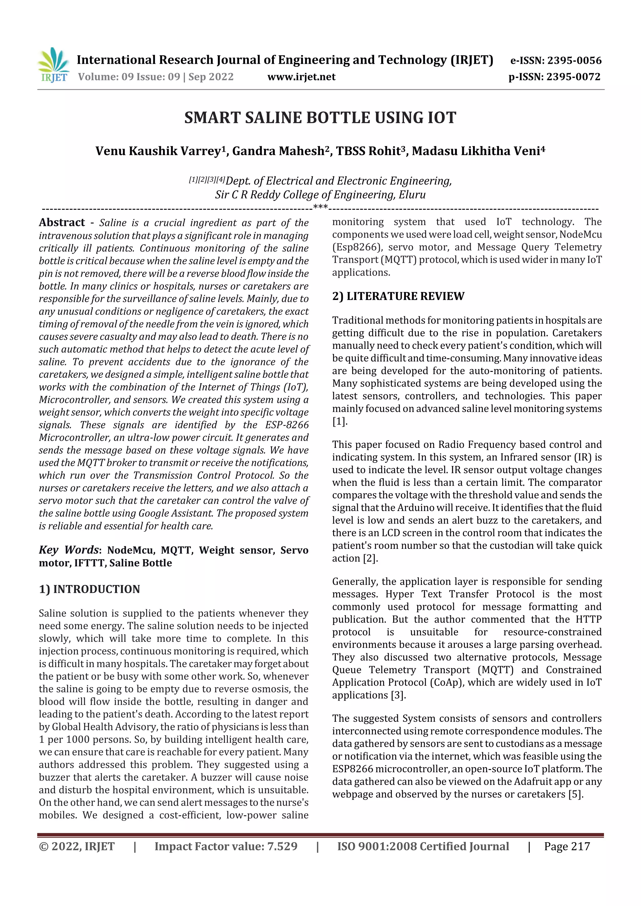 SMART SALINE BOTTLE USING IOT | PDF