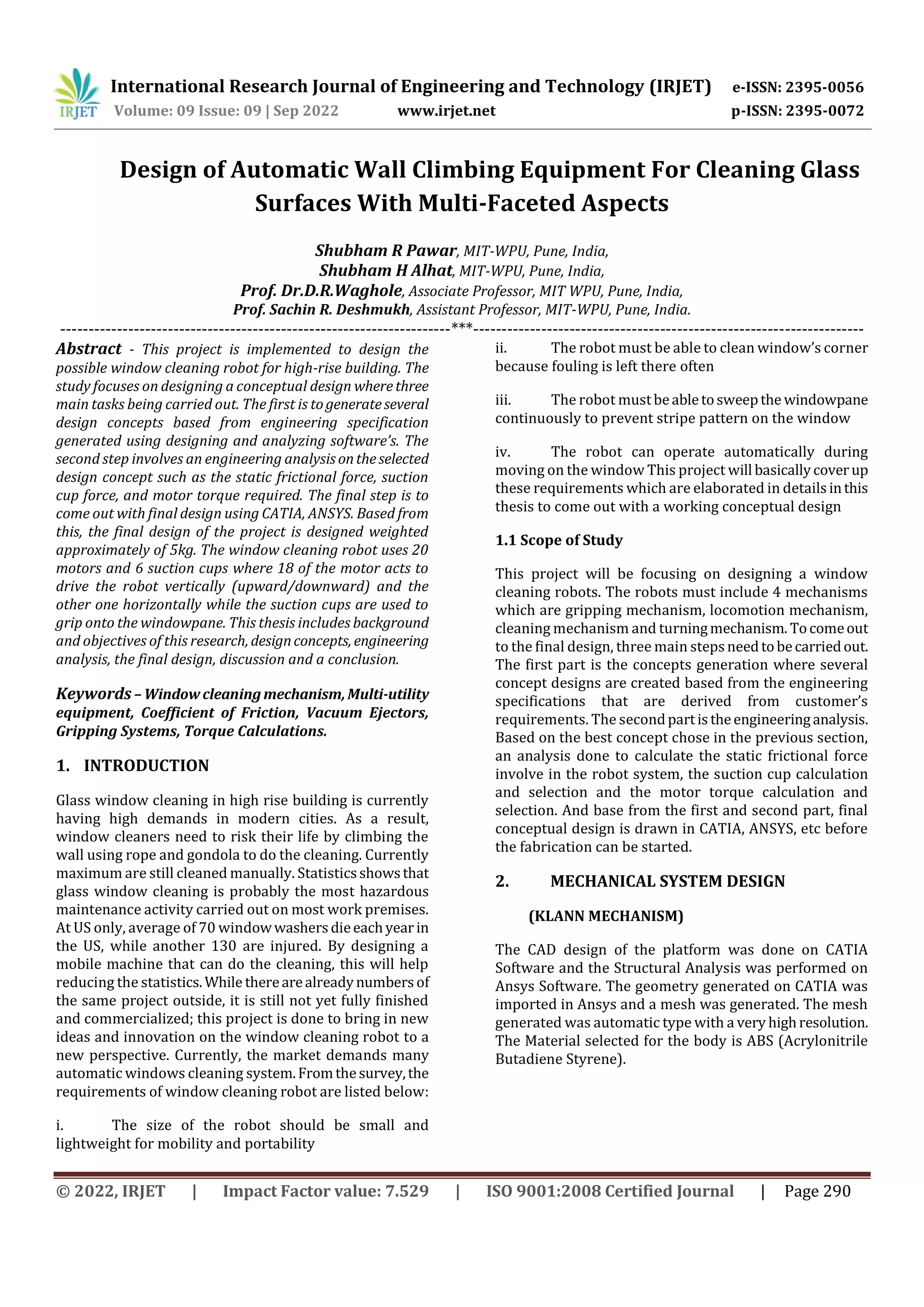 Design of Automatic Wall Climbing Equipment For Cleaning Glass Surfaces With Multi-Faceted ...