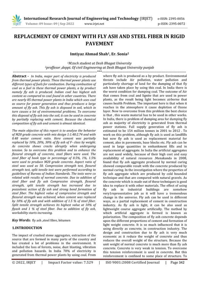 REPLACEMENT OF CEMENT WITH FLY ASH AND STEEL FIBER IN RIGID PAVEMENT | PDF
