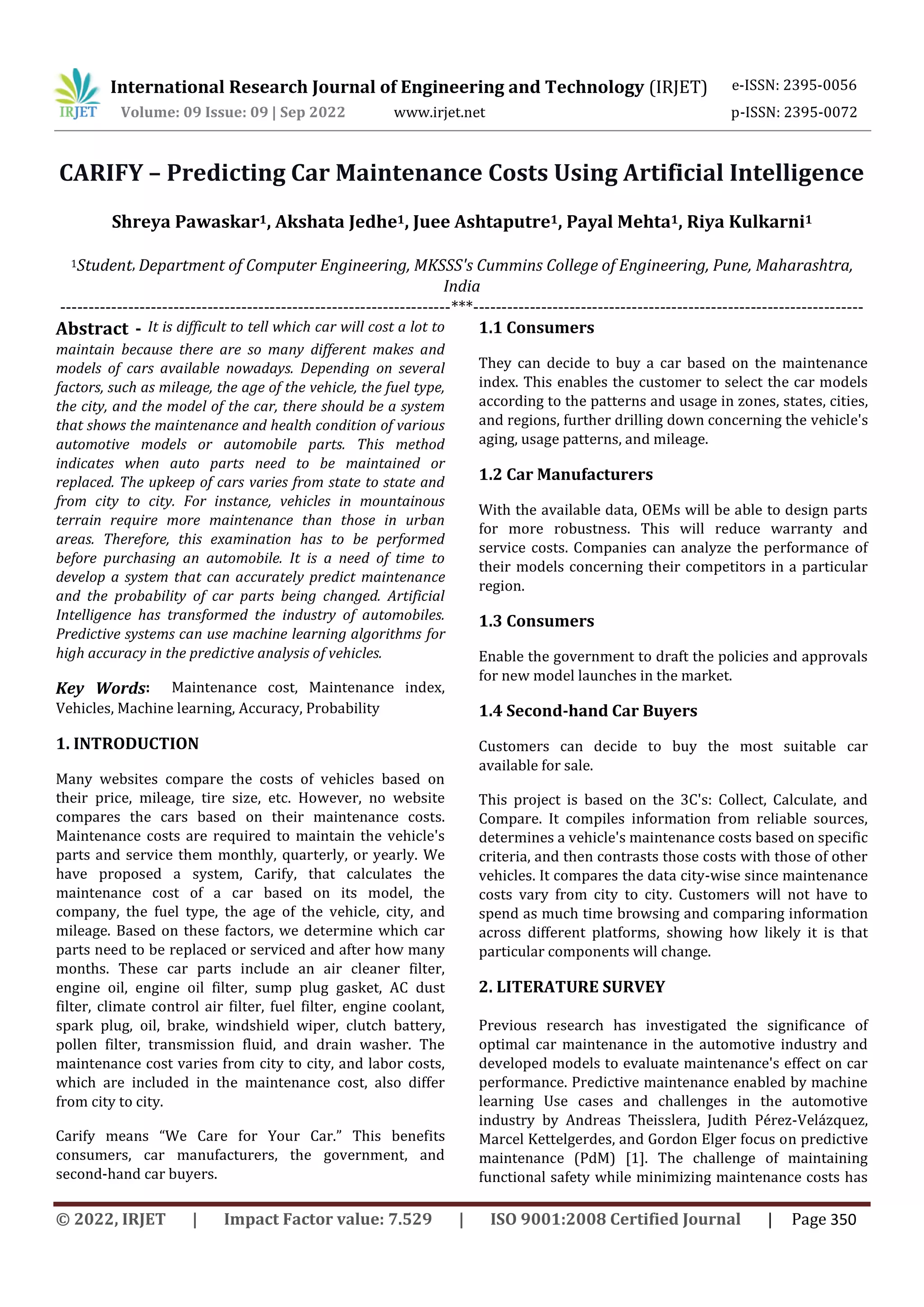 CARIFY – Predicting Car Maintenance Costs Using Artificial Intelligence | PDF