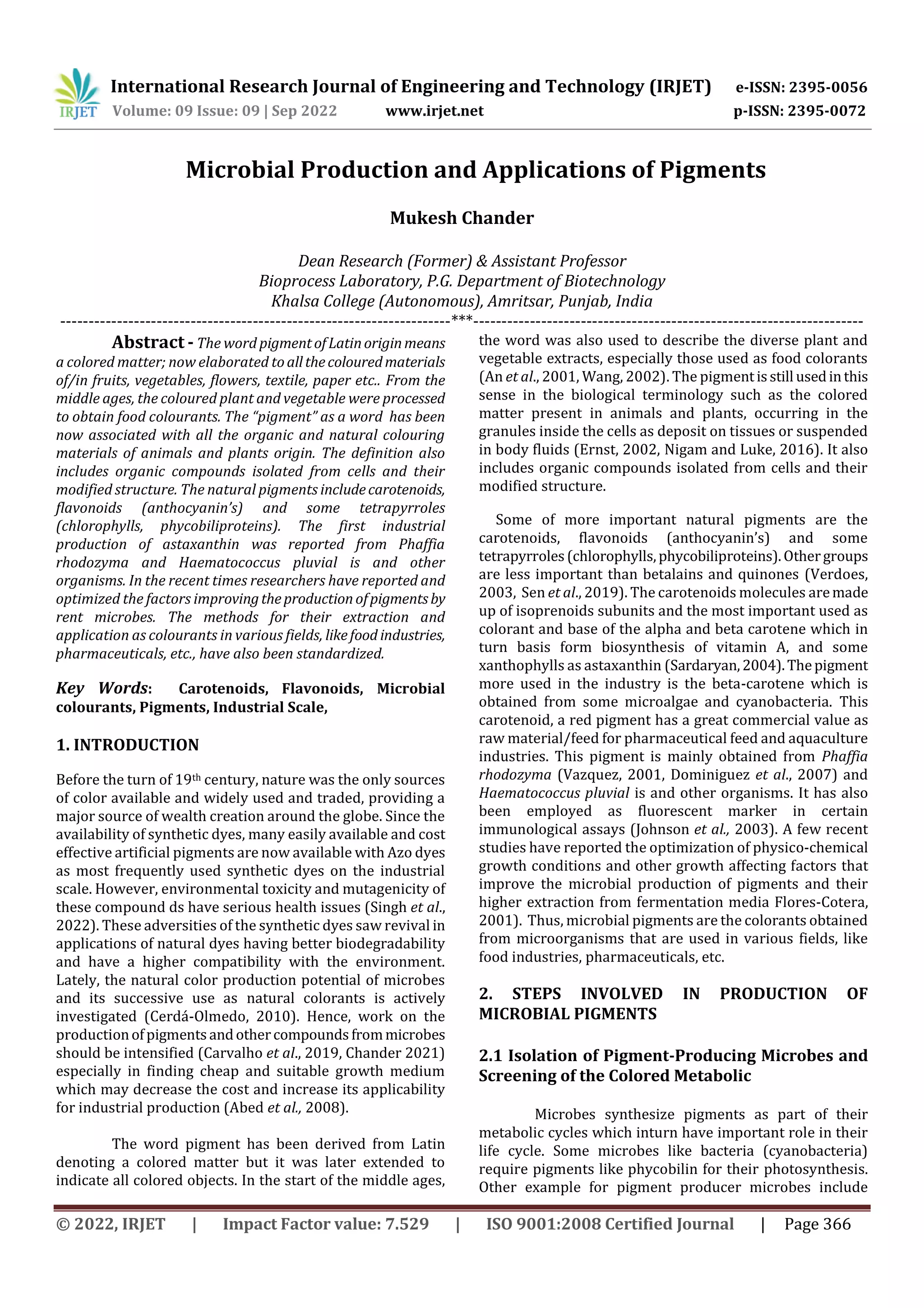 Microbial Production and Applications of Pigments | PDF