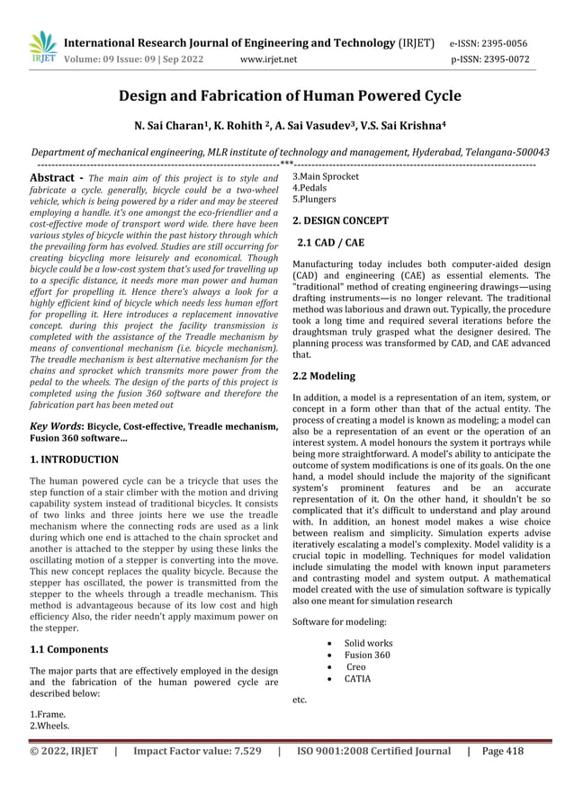 Design and Fabrication of Human Powered Cycle | PDF