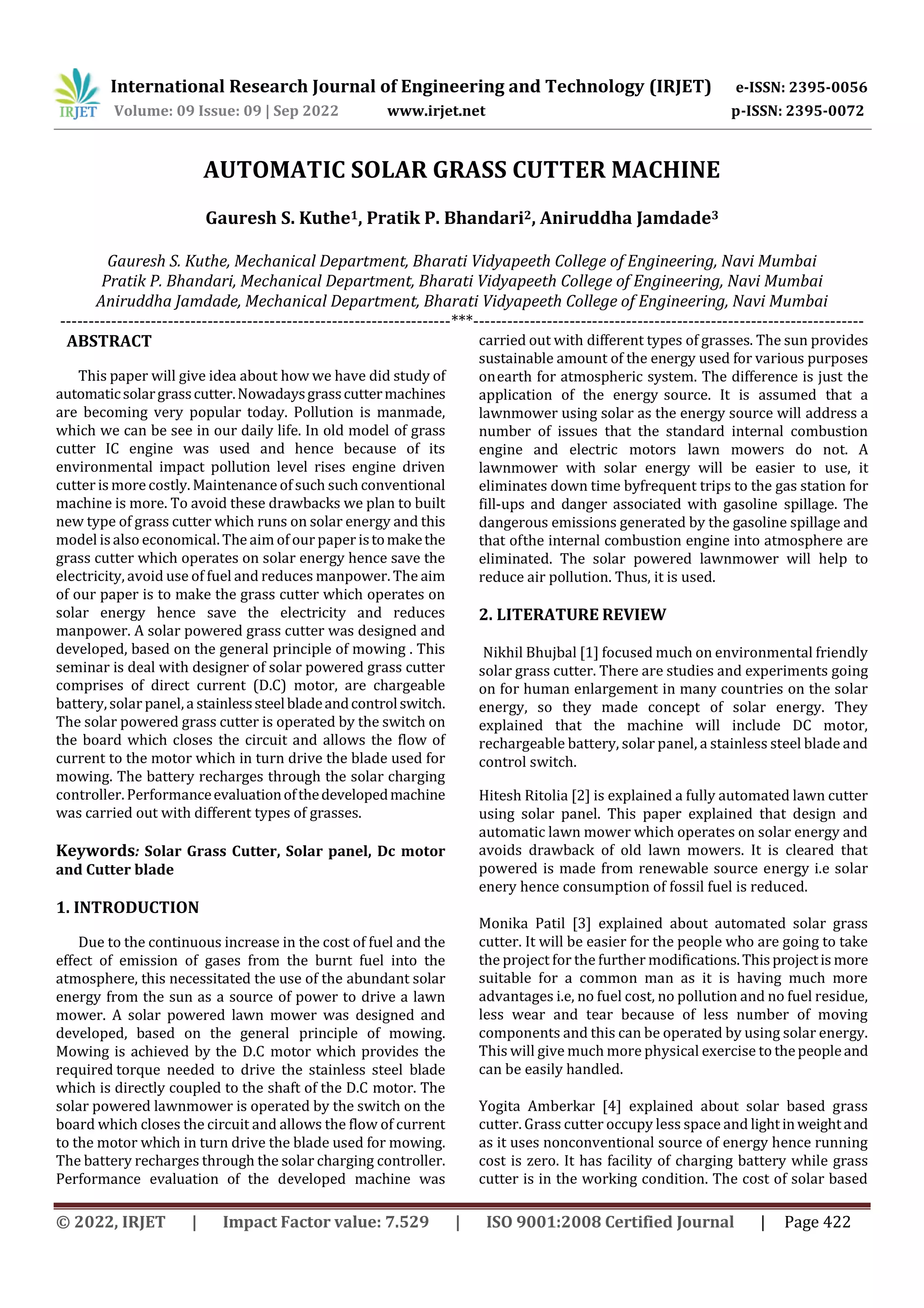 Automatic Solar Grass Cutter Machine | PDF