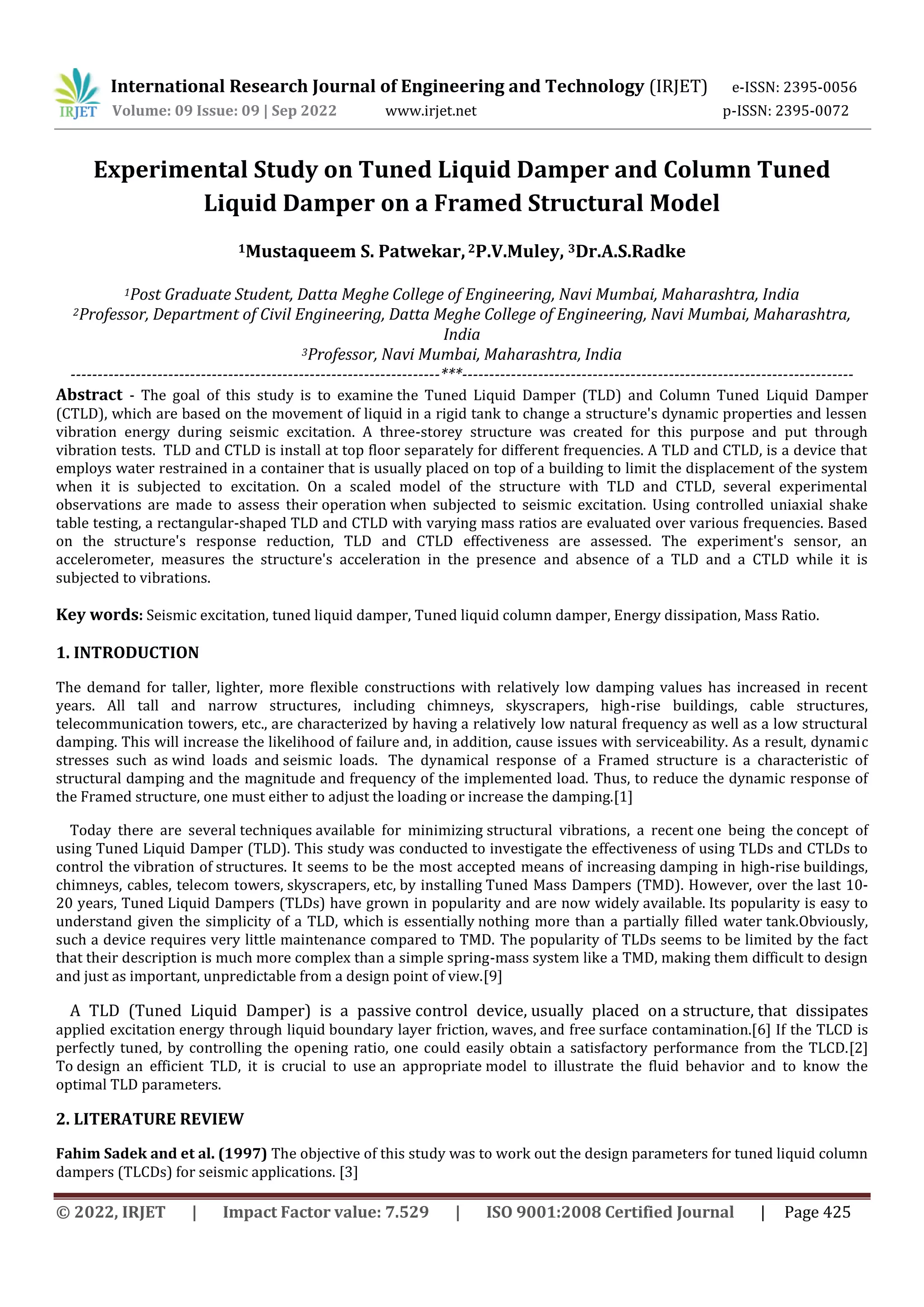 Experimental Study on Tuned Liquid Damper and Column Tuned Liquid ...