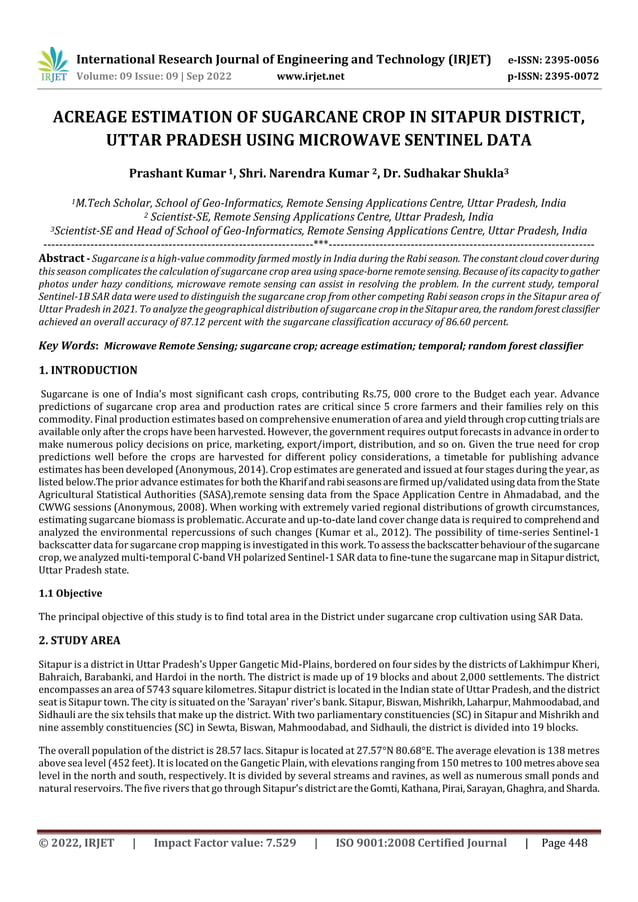 ACREAGE ESTIMATION OF SUGARCANE CROP IN SITAPUR DISTRICT, UTTAR PRADESH USING MICROWAVE SENTINEL ...