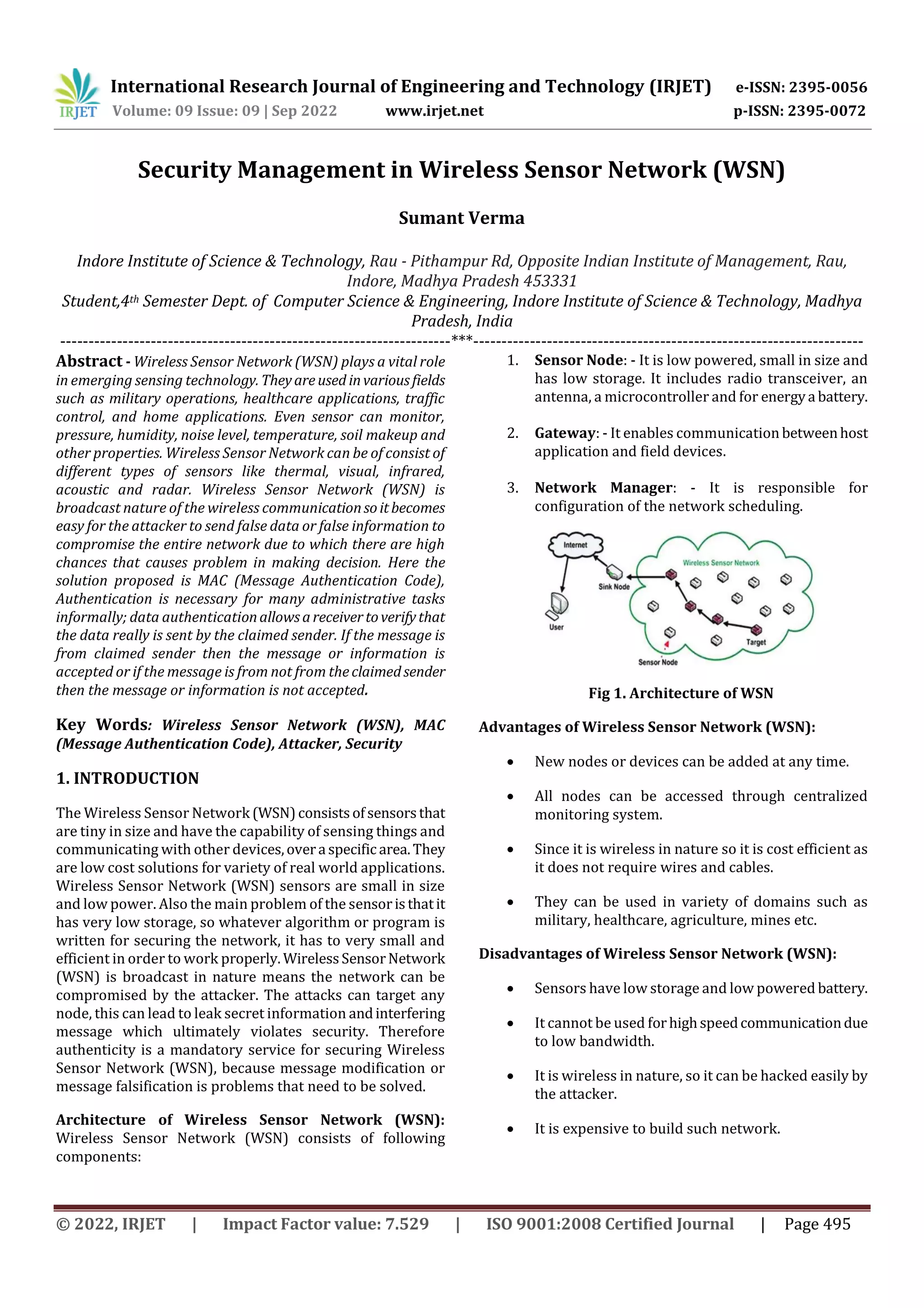 Security Management in Wireless Sensor Network (WSN) | PDF