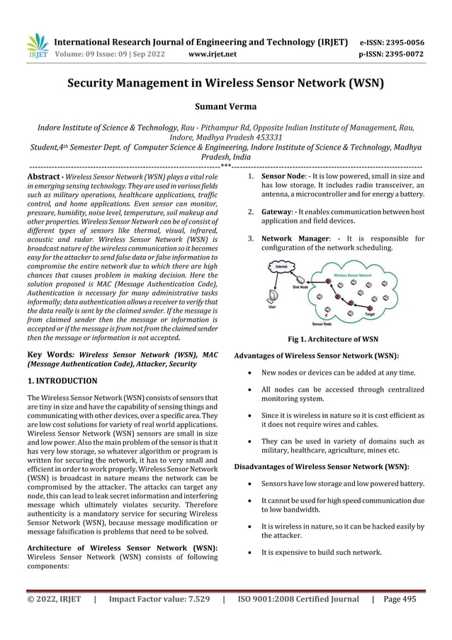 Security Management in Wireless Sensor Network (WSN) | PDF
