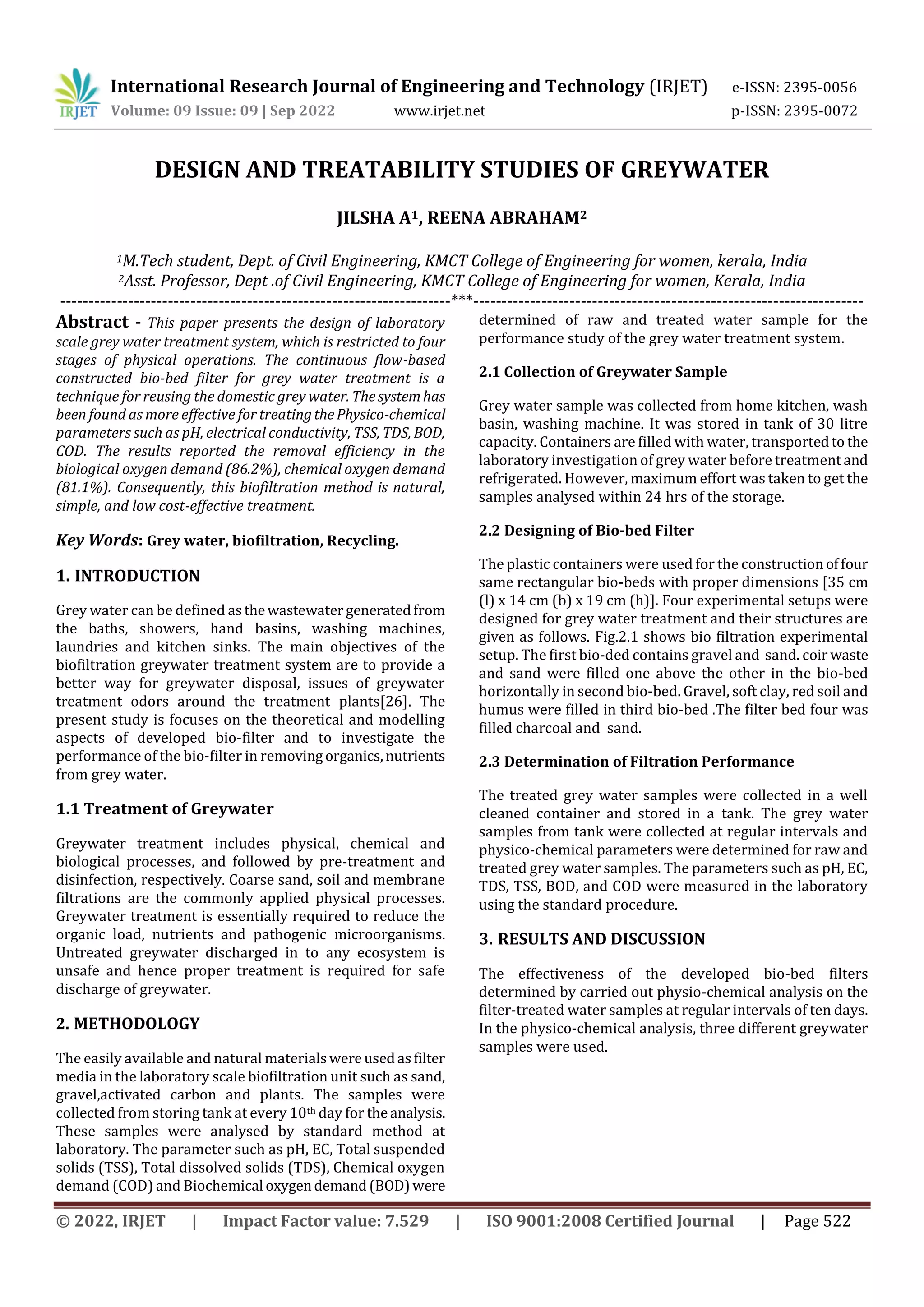 DESIGN AND TREATABILITY STUDIES OF GREYWATER | PDF