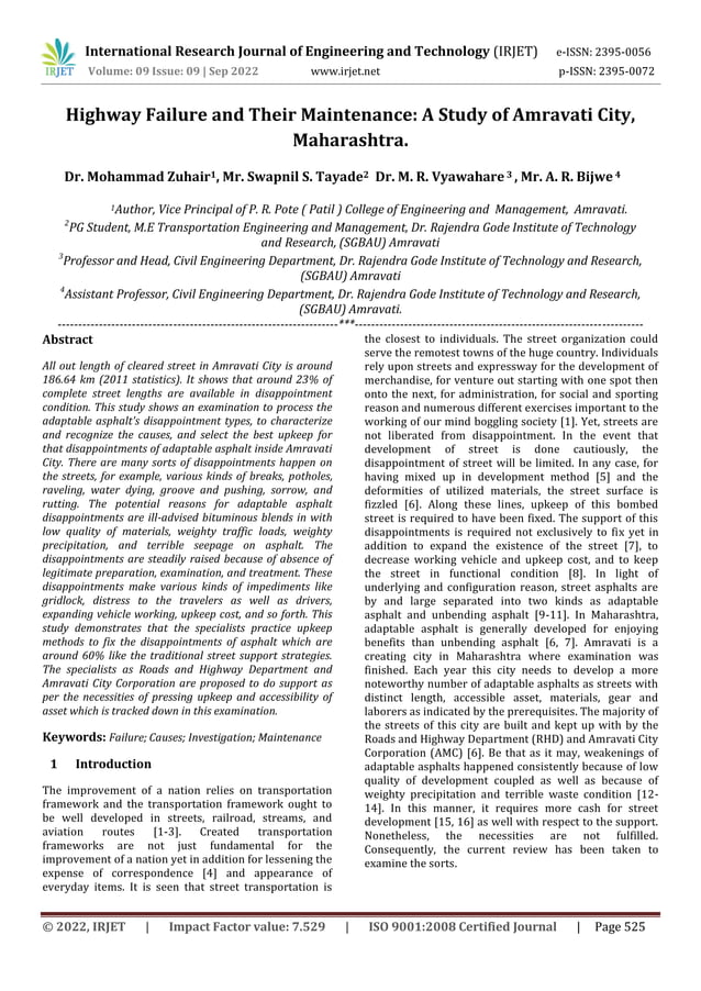 Highway Failure and Their Maintenance: A Study of Amravati City, Maharashtra. | PDF