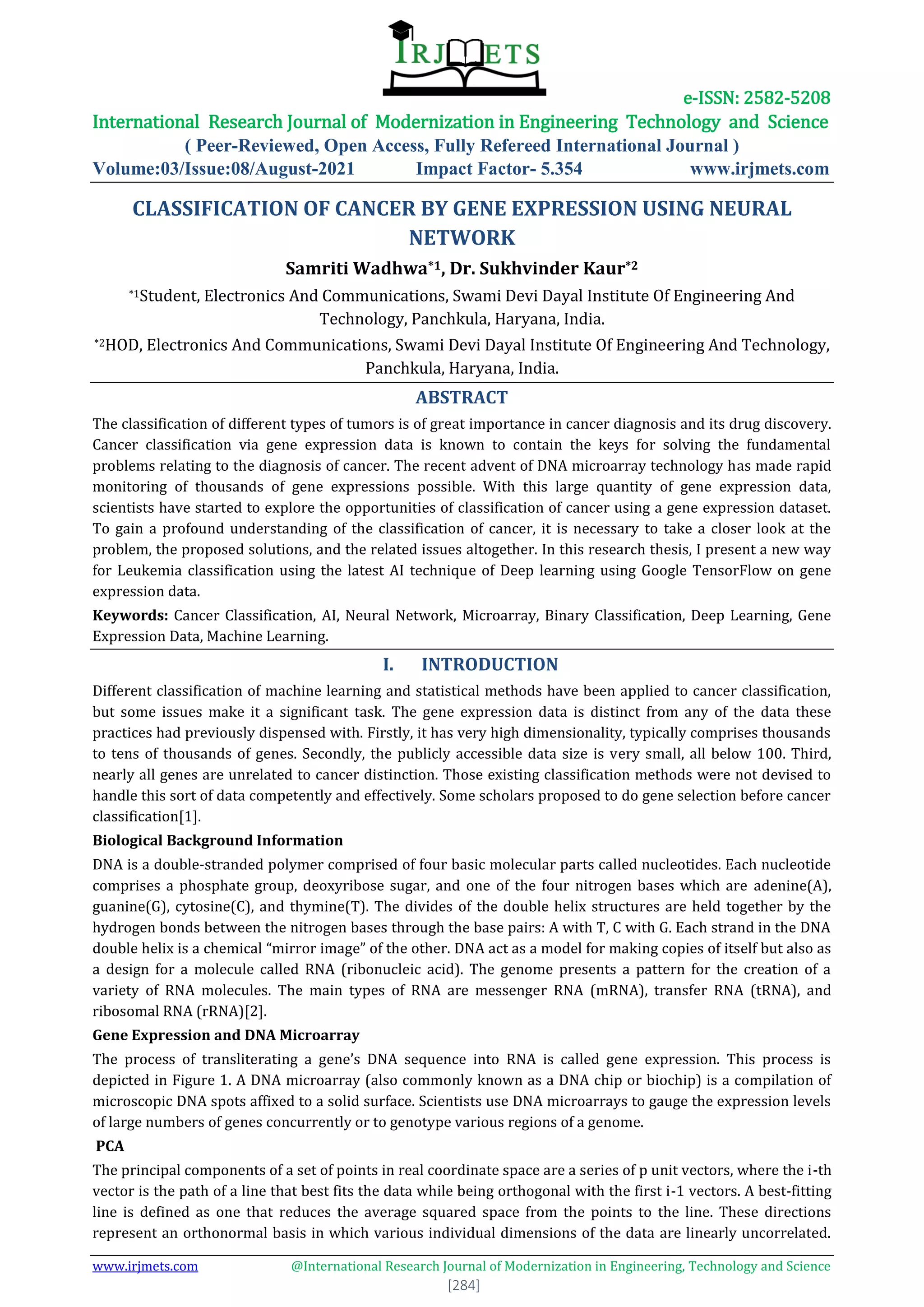 CLASSIFICATION OF CANCER BY GENE EXPRESSION USING NEURAL NETWORK | PDF | Chemistry | Science