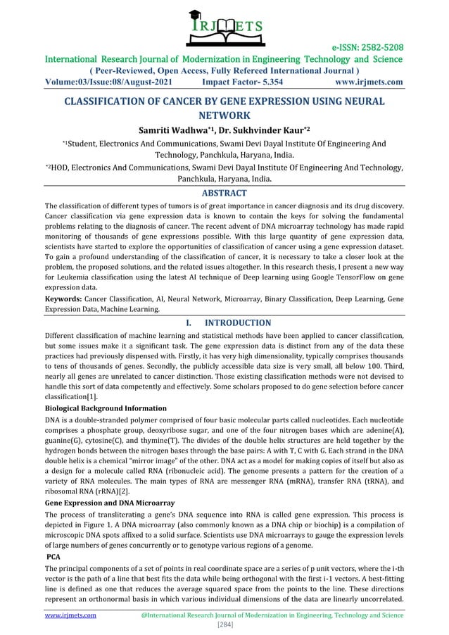 CLASSIFICATION OF CANCER BY GENE EXPRESSION USING NEURAL NETWORK | PDF