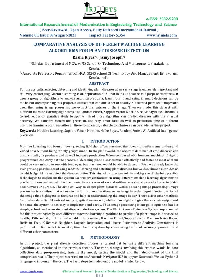 COMPARATIVE ANALYSIS OF DIFFERENT MACHINE LEARNING ALGORITHMS FOR PLANT ...