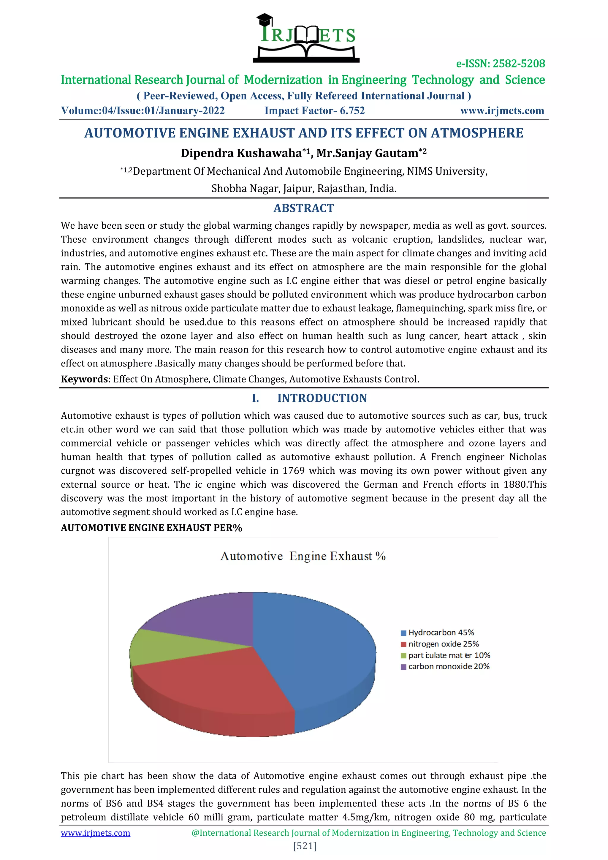 AUTOMOTIVE ENGINE EXHAUST AND ITS EFFECT ON ATMOSPHERE | PDF
