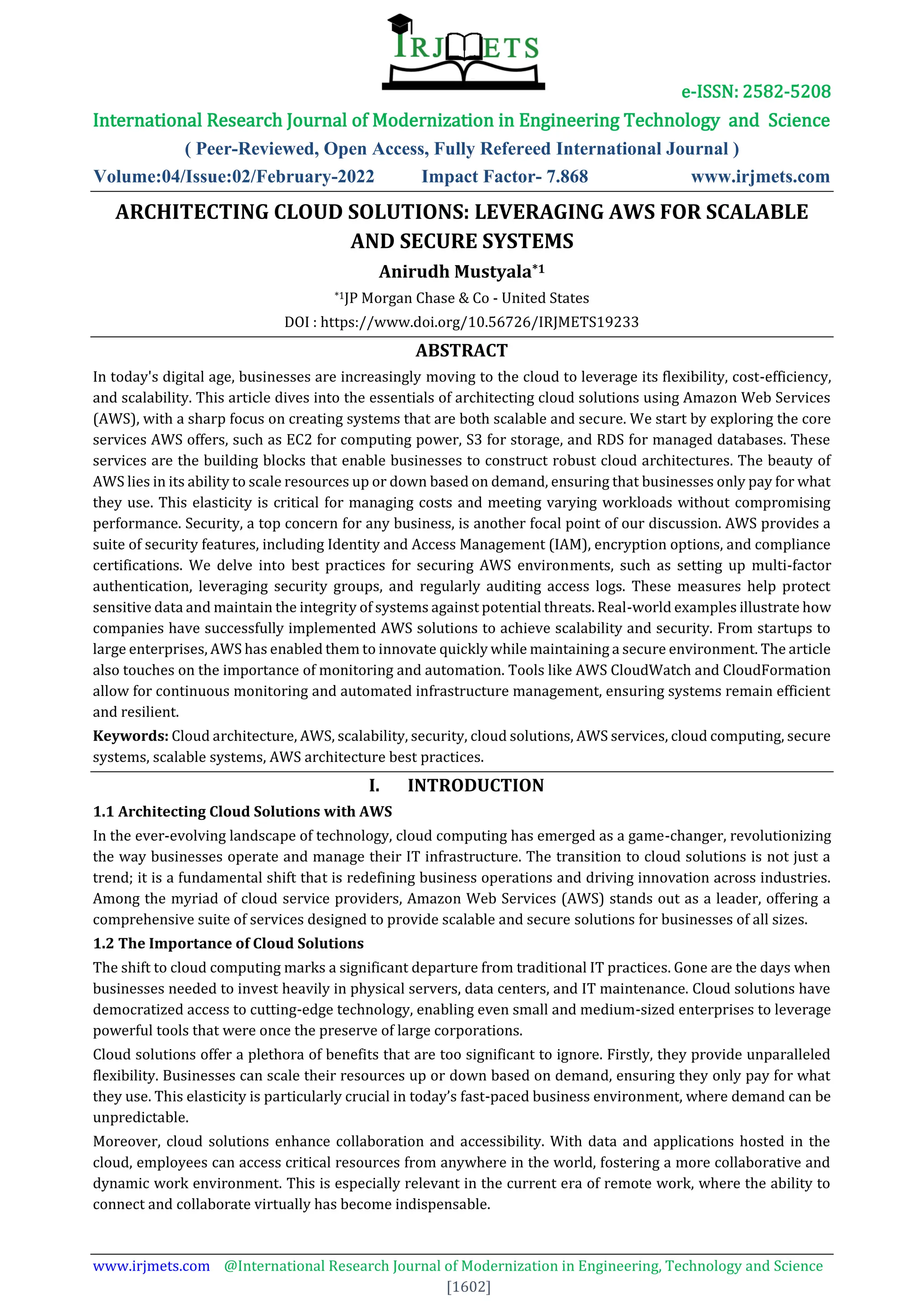 ARCHITECTING CLOUD SOLUTIONS: LEVERAGING AWS FOR SCALABLE AND SECURE SYSTEMS | PDF