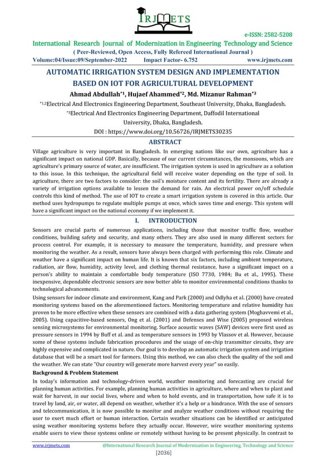 AUTOMATIC IRRIGATION SYSTEM DESIGN AND IMPLEMENTATION BASED ON IOT FOR AGRICULTURAL DEVELOPMENT ...